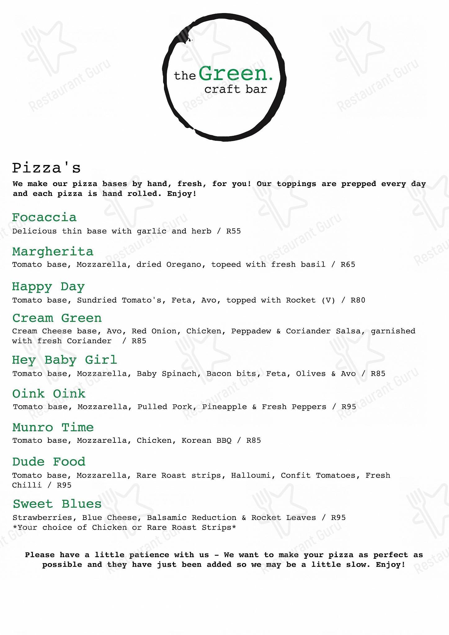Menu at The Green Craft Bar, South Africa, Modderfontein Golf Club