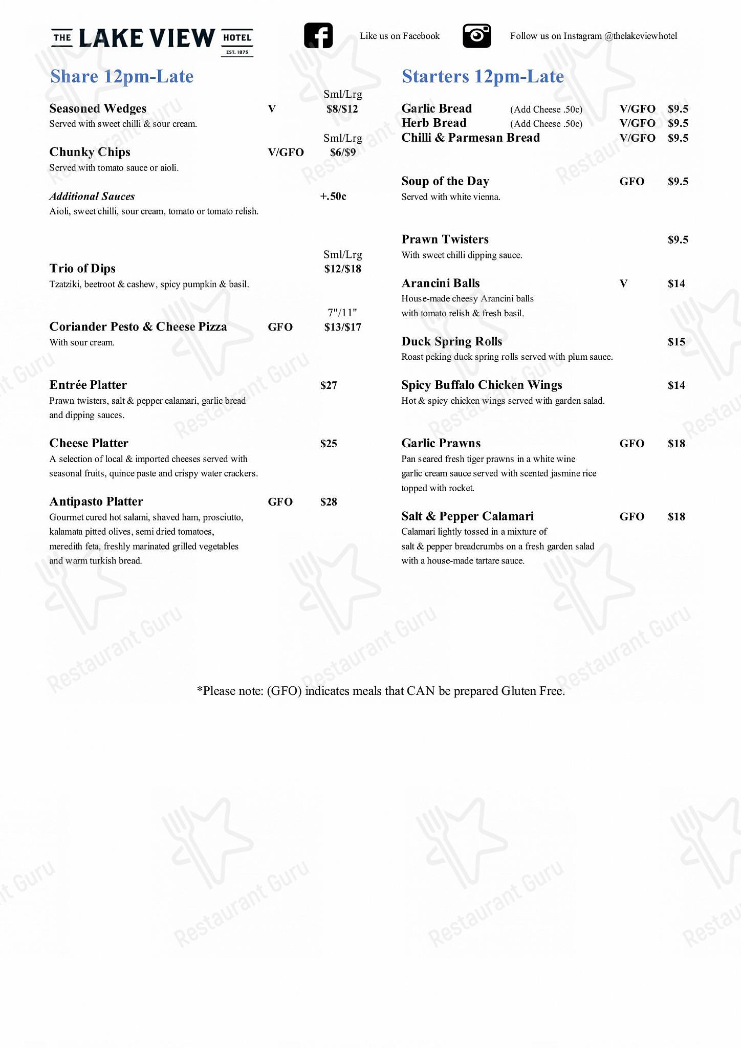 Menu at The Lake View Hotel pub & bar, Lake Wendouree