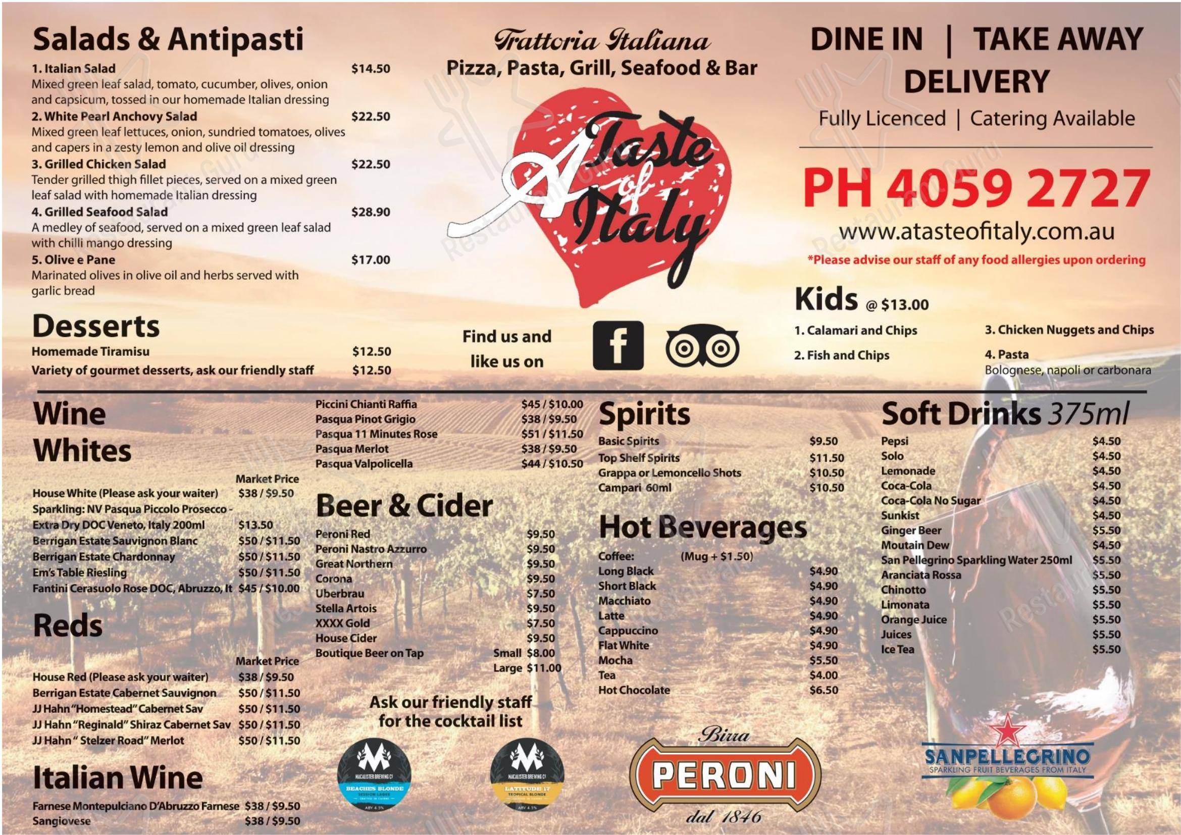 Menu at A Taste of Italy restaurant, Clifton Beach, LOT 3 Captain Cook Hwy