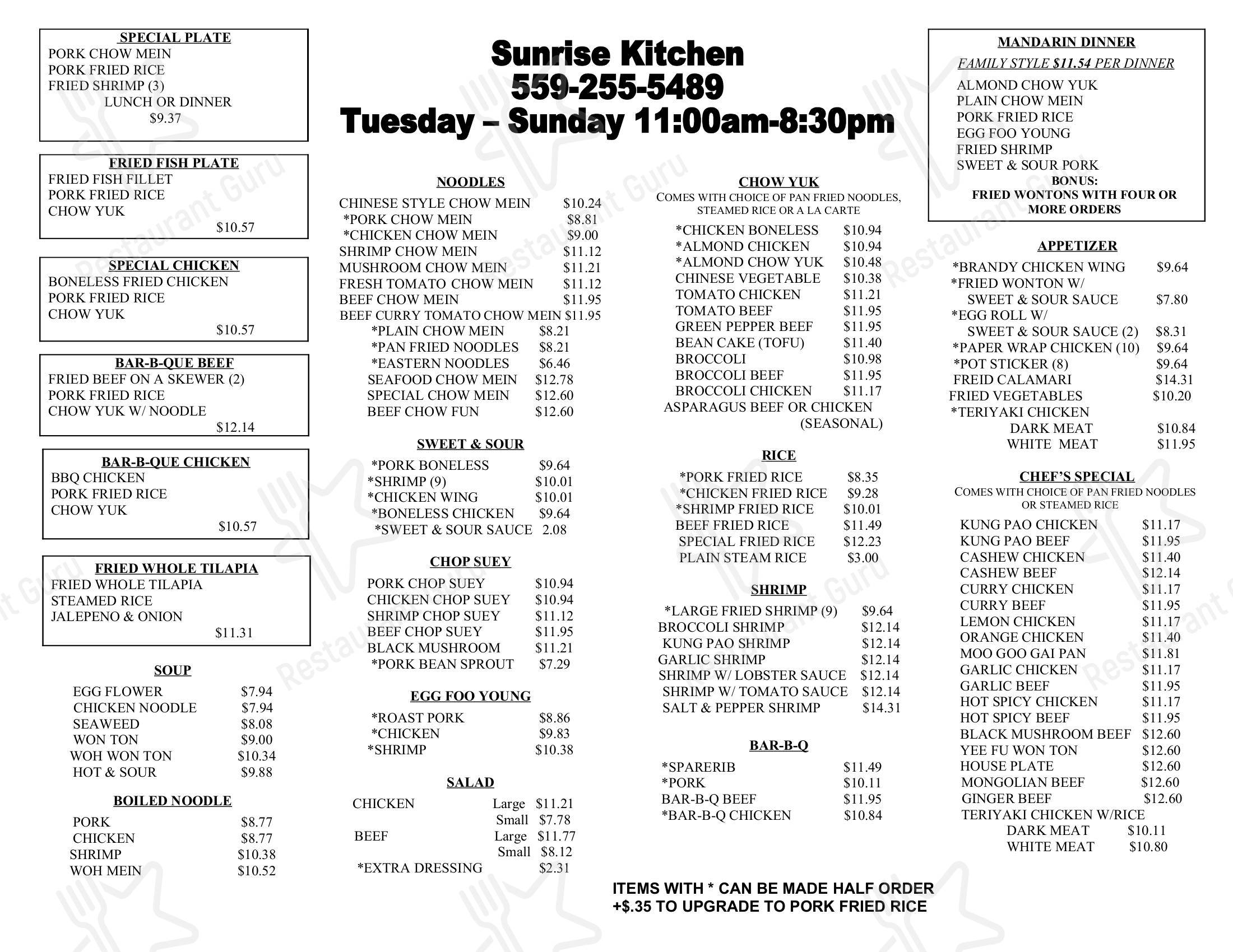 Menu at Sunrise Kitchen restaurant, Fresno