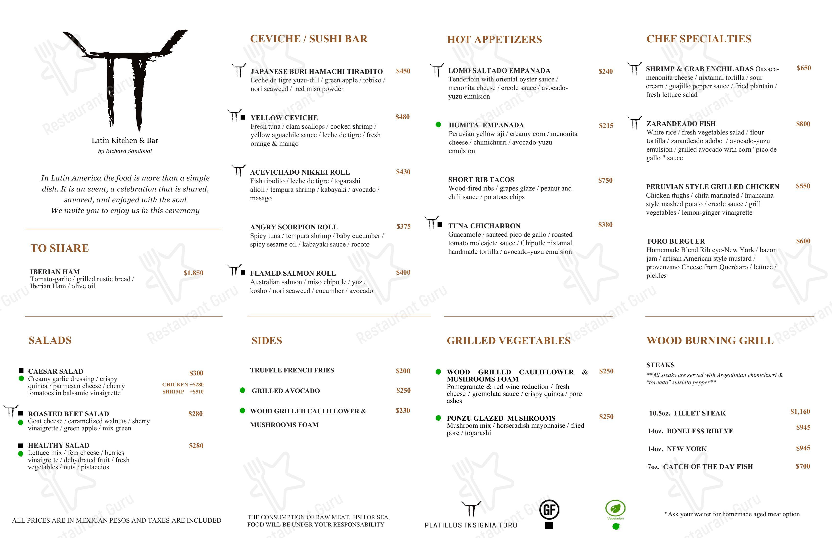 Carta de Toro Latin Kitchen & Bar, Cabo San Lucas