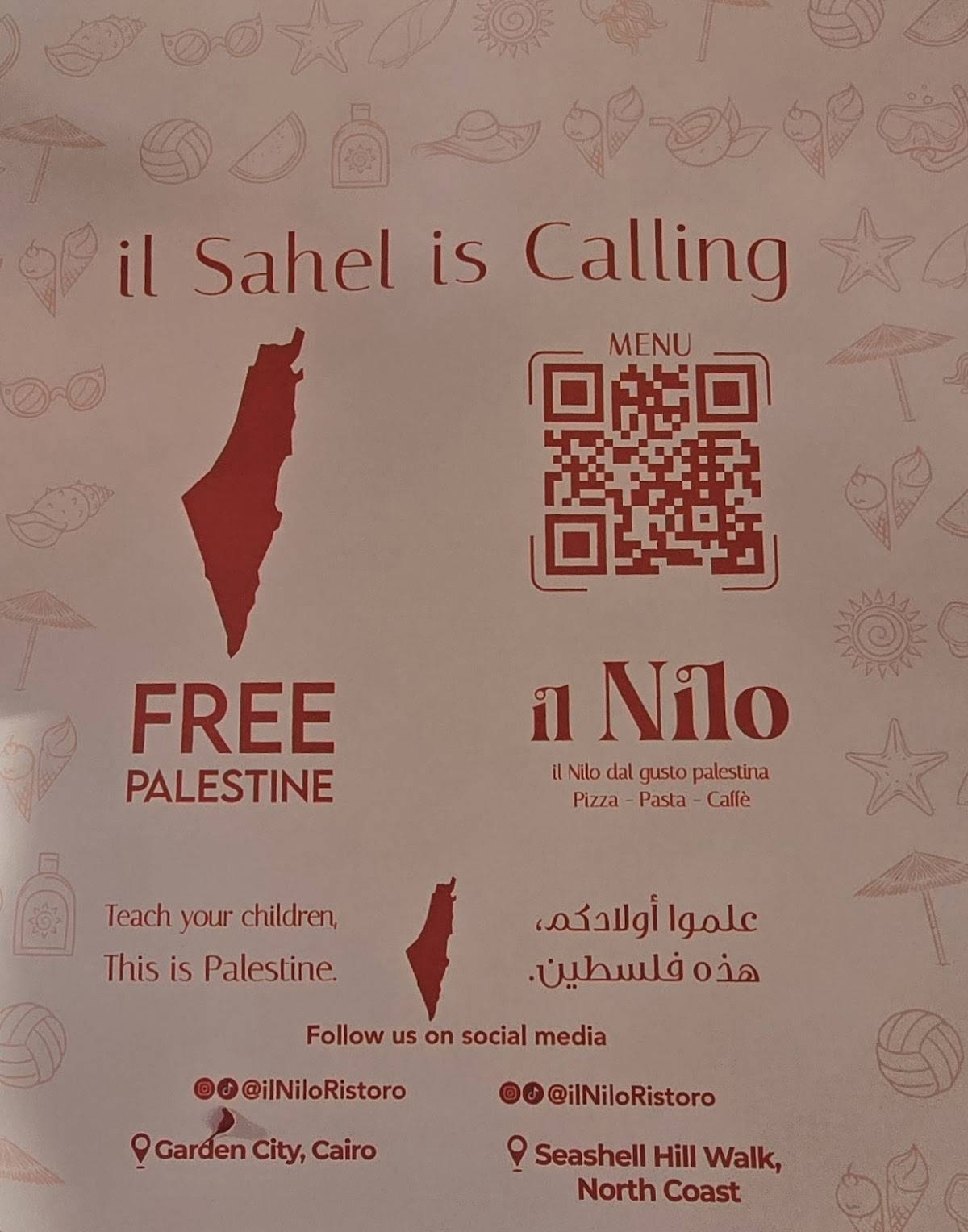 Menu at il Nilo Ristoro restaurant, Cairo