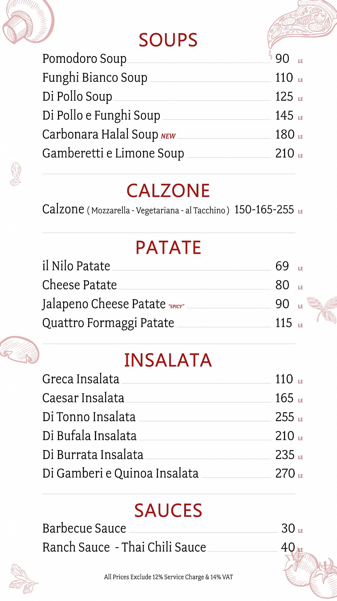 Menu at il Nilo Ristoro restaurant, Cairo