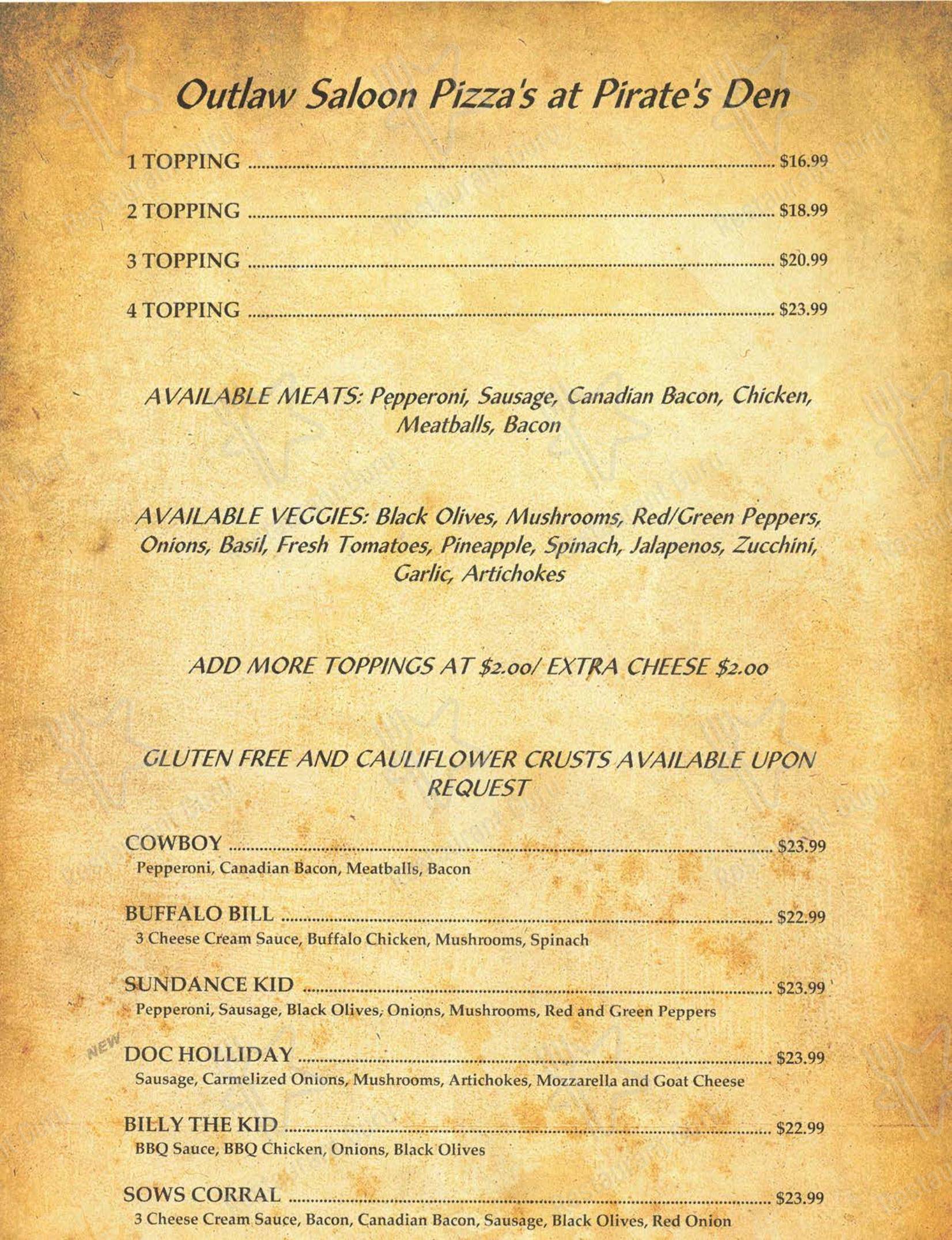 Menu at Black Pearl Restaurant at Pirates Den Resort - Parker, Parker