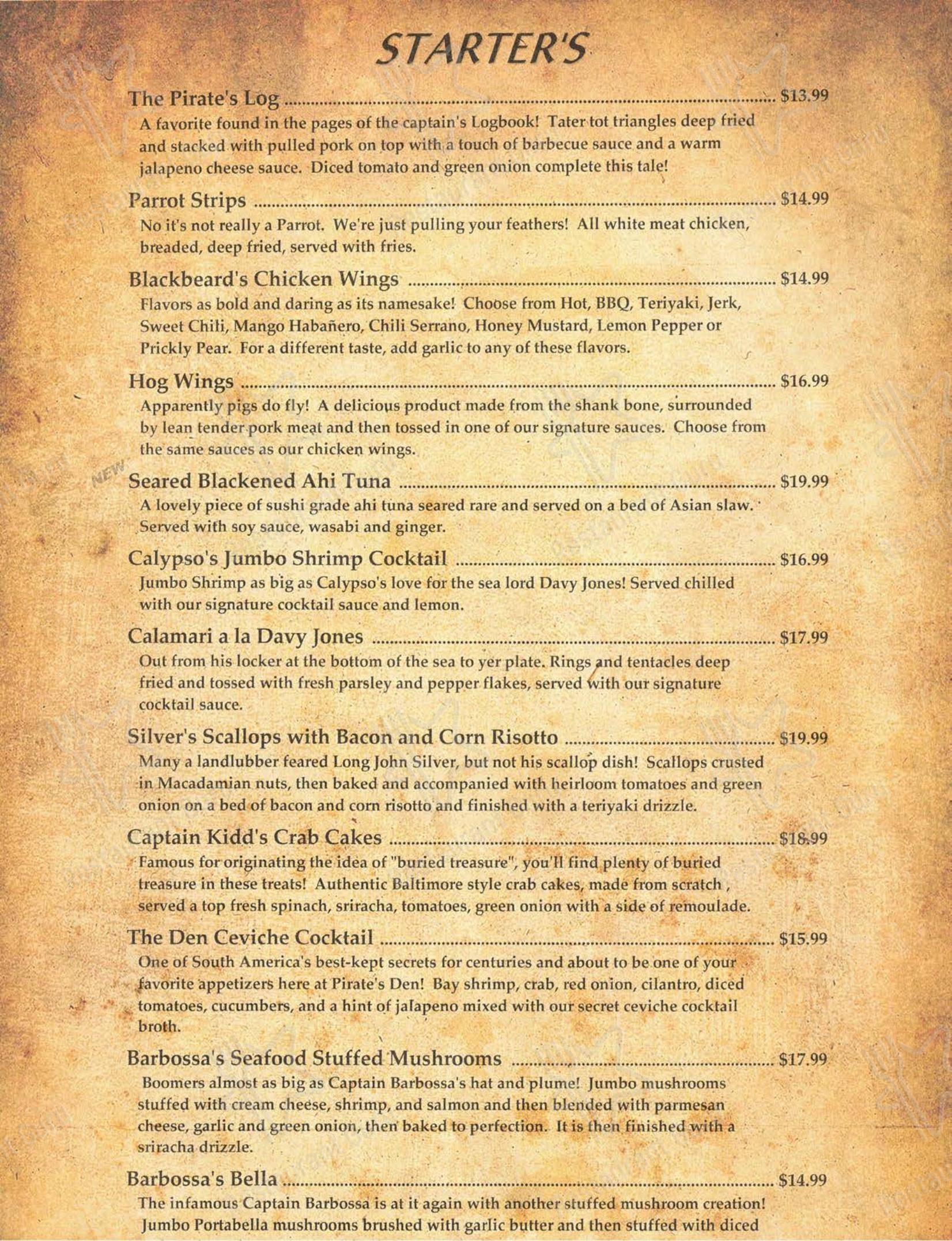 Menu at Black Pearl Restaurant at Pirates Den Resort - Parker, Parker