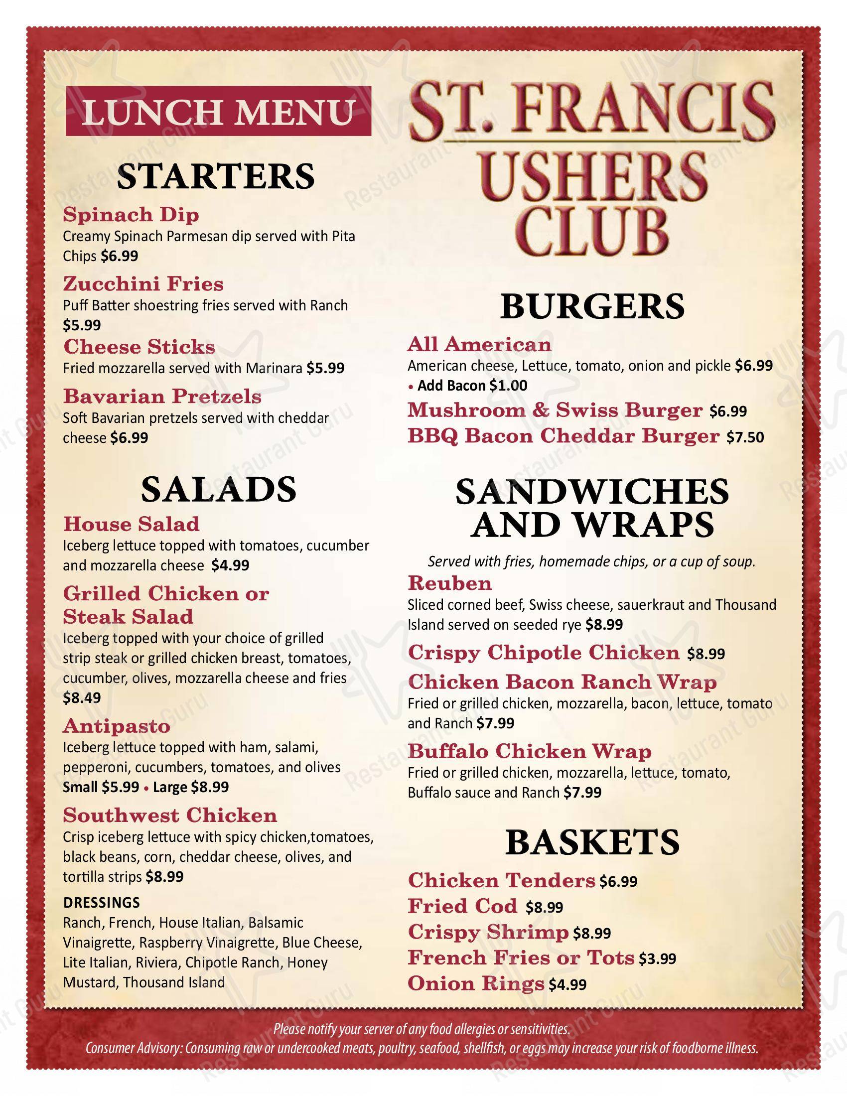 Menu at St. Francis Ushers Club, McKean