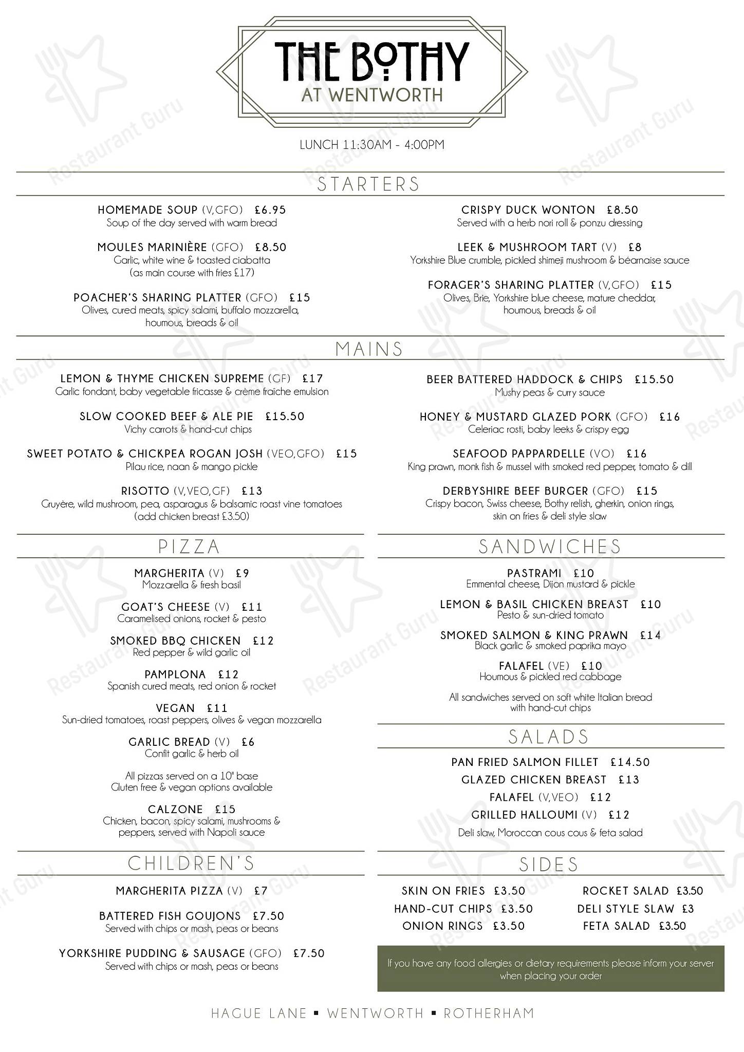 Menu at The Bothy restaurant, Rotherham