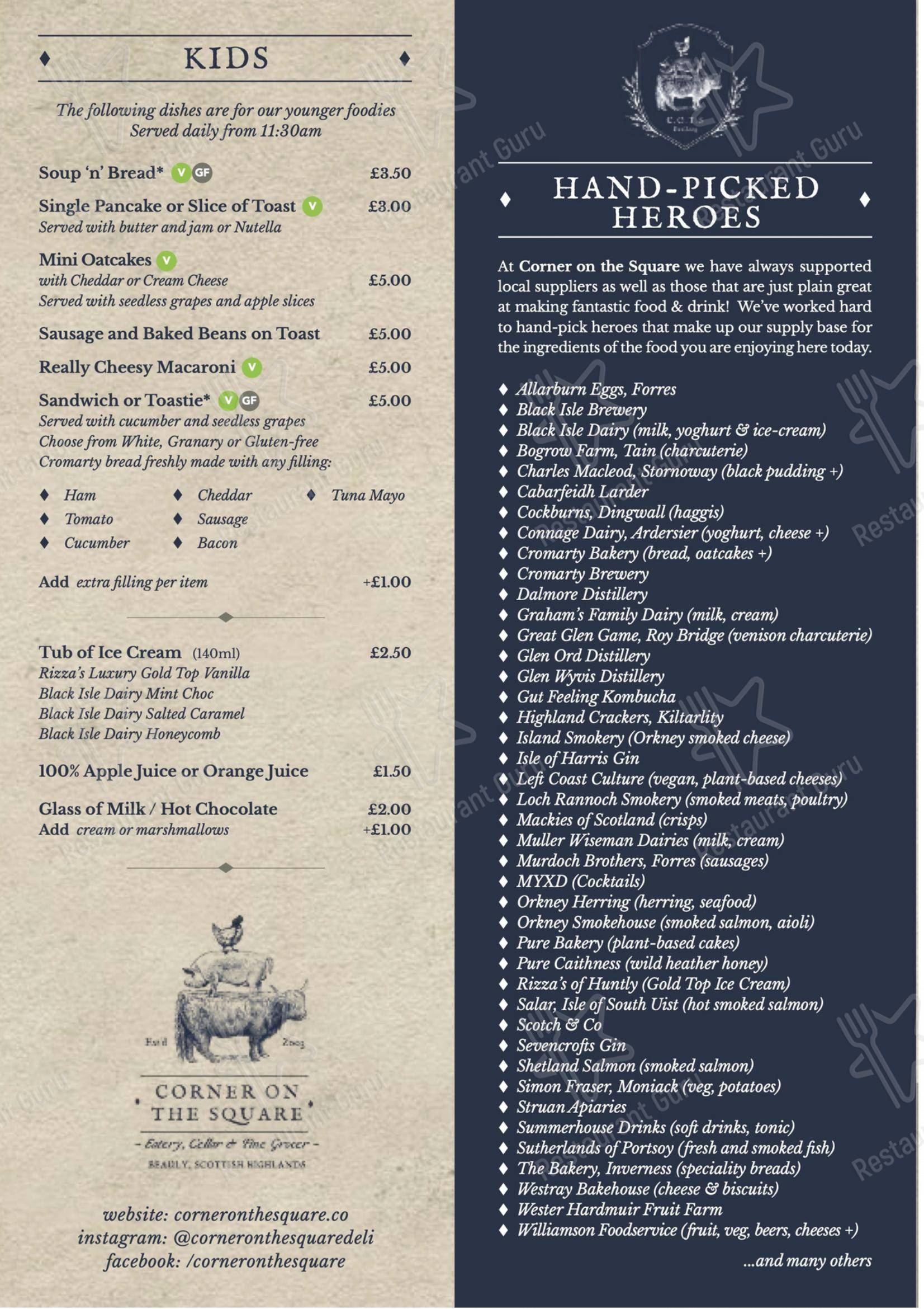 Menu at Corner on the Square cafe, Beauly