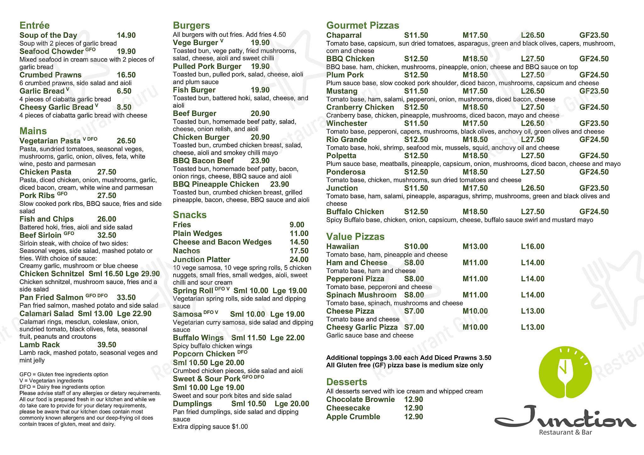 Menu at Old Junction Restaurant and Bar, Wellsford