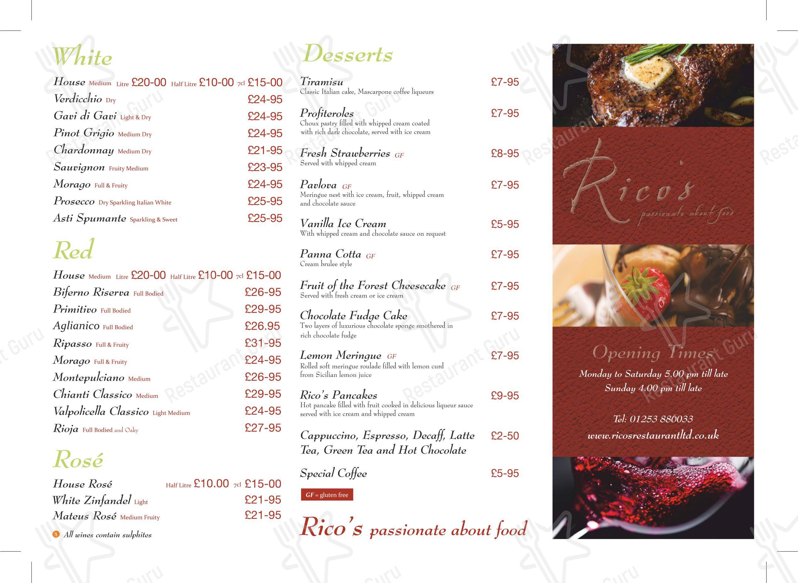 Menu at Rico's Restaurant Ltd, Poulton-le-Fylde