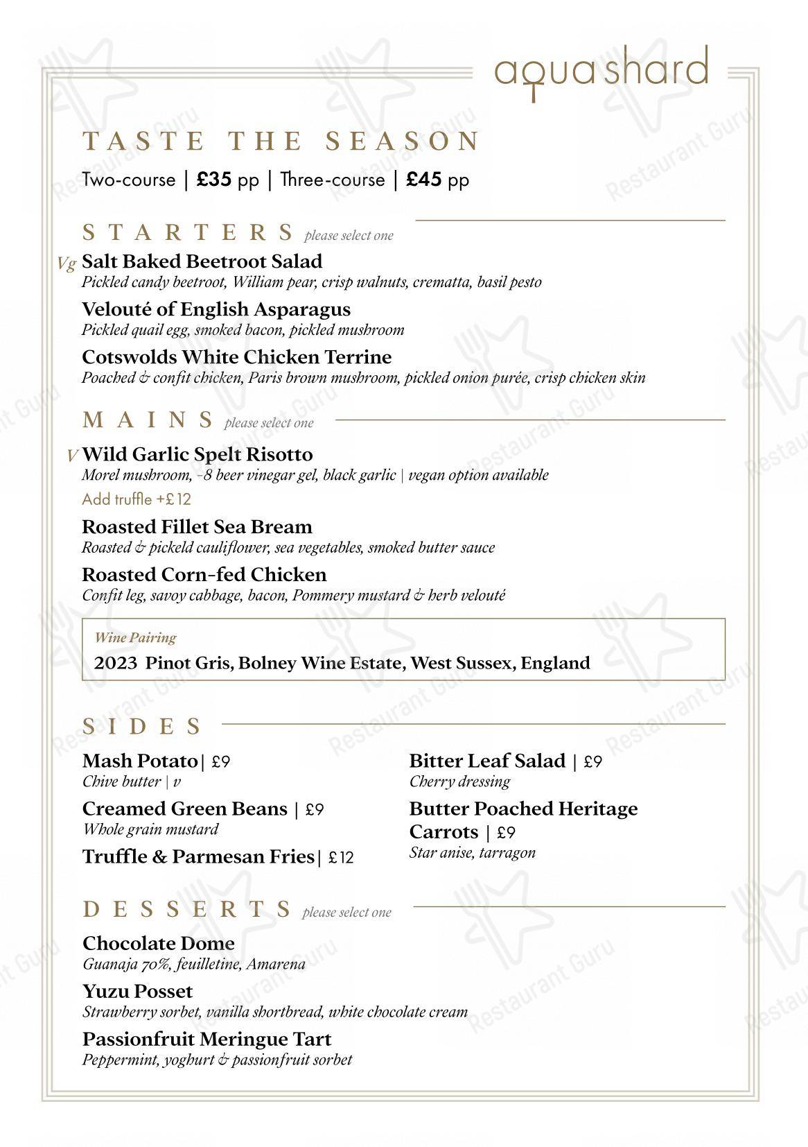 Menu at Aqua Shard pub & bar, London, Level 31