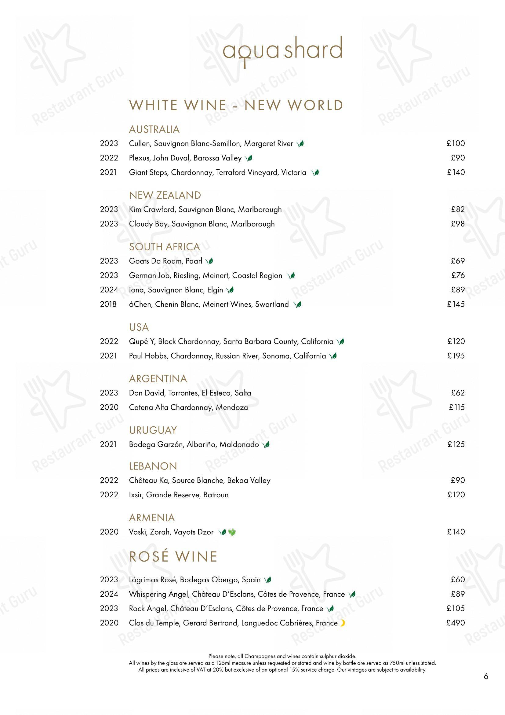 Menu at Aqua Shard pub & bar, London, Level 31