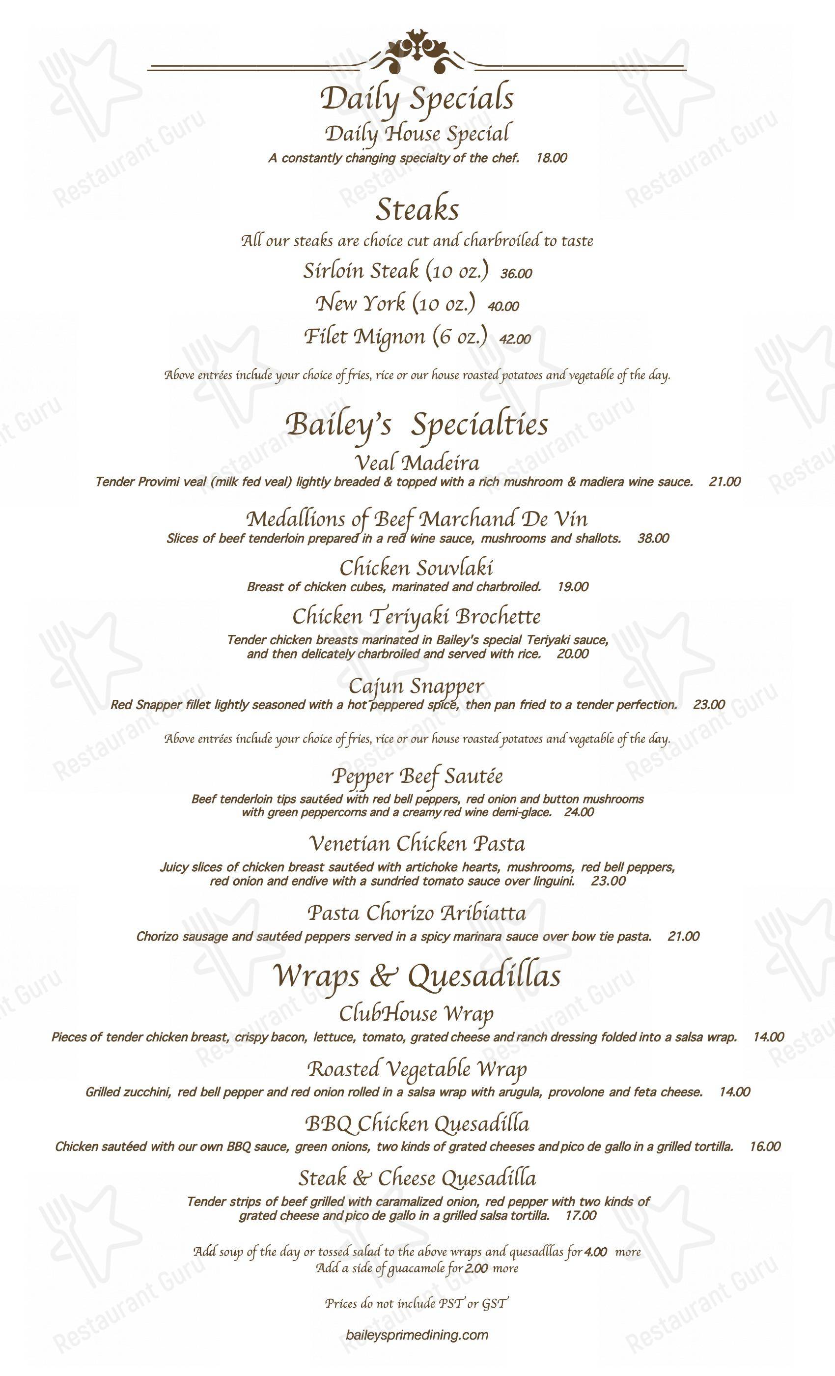 Menu at Bailey's Restaurant, Winnipeg, 185 Lombard Ave