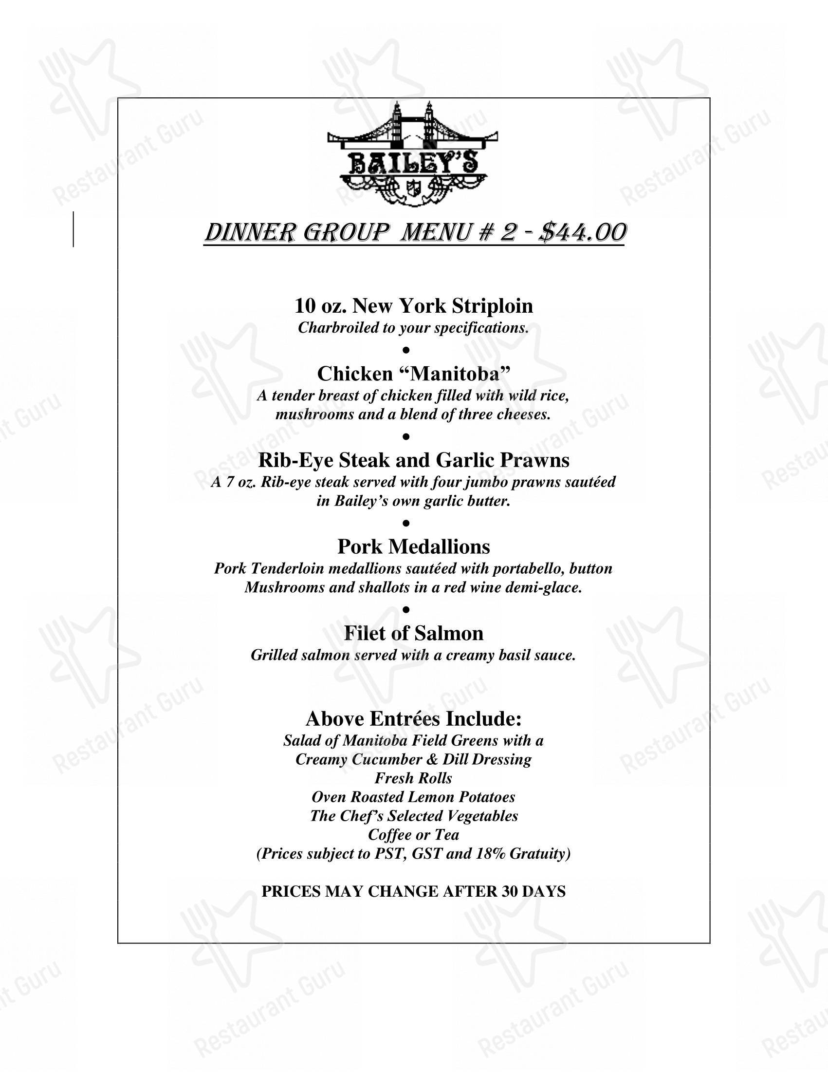 Menu at Bailey's Restaurant, Winnipeg, 185 Lombard Ave