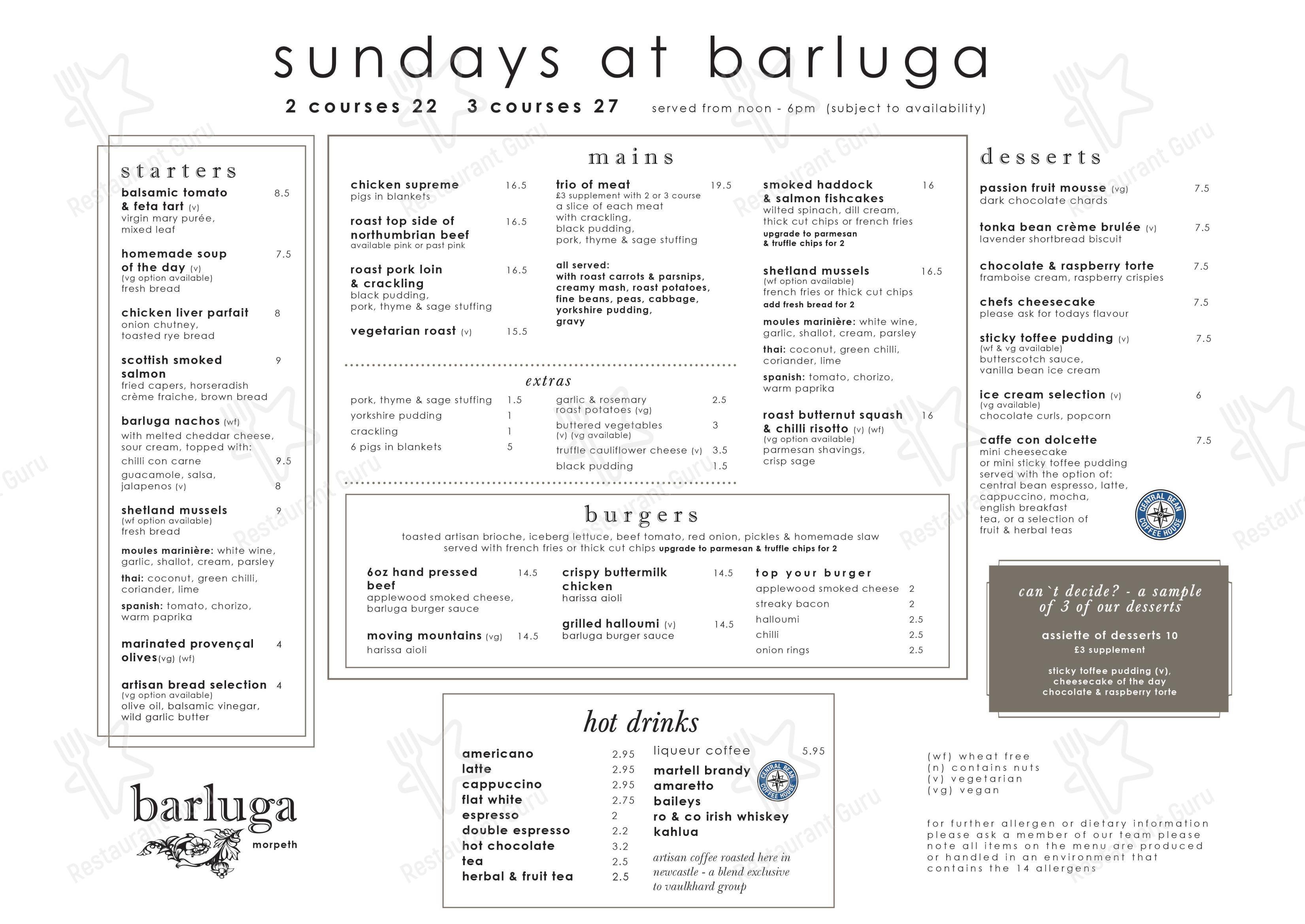 Menu at Barluga, Newcastle upon Tyne, 35 Grey St