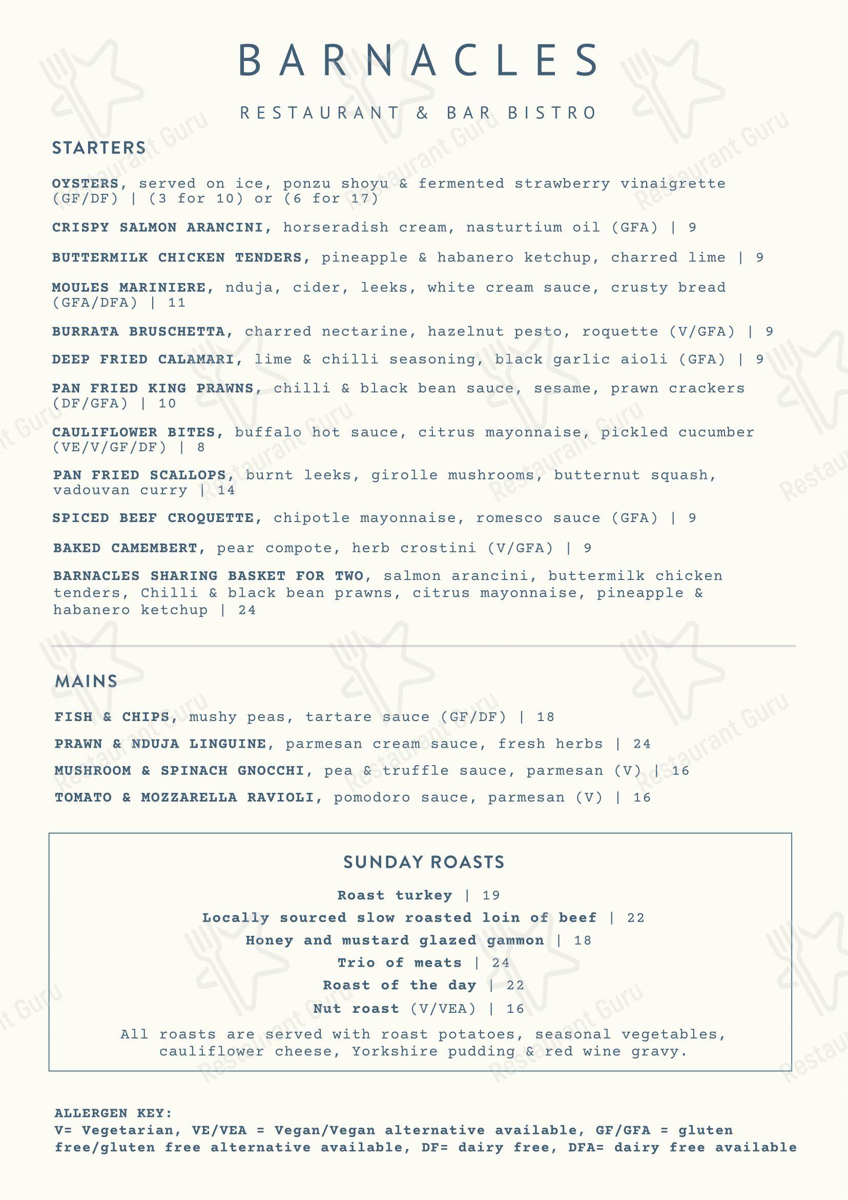 Menu at Barnacles Restaurant & Bar Bistro, Hinckley