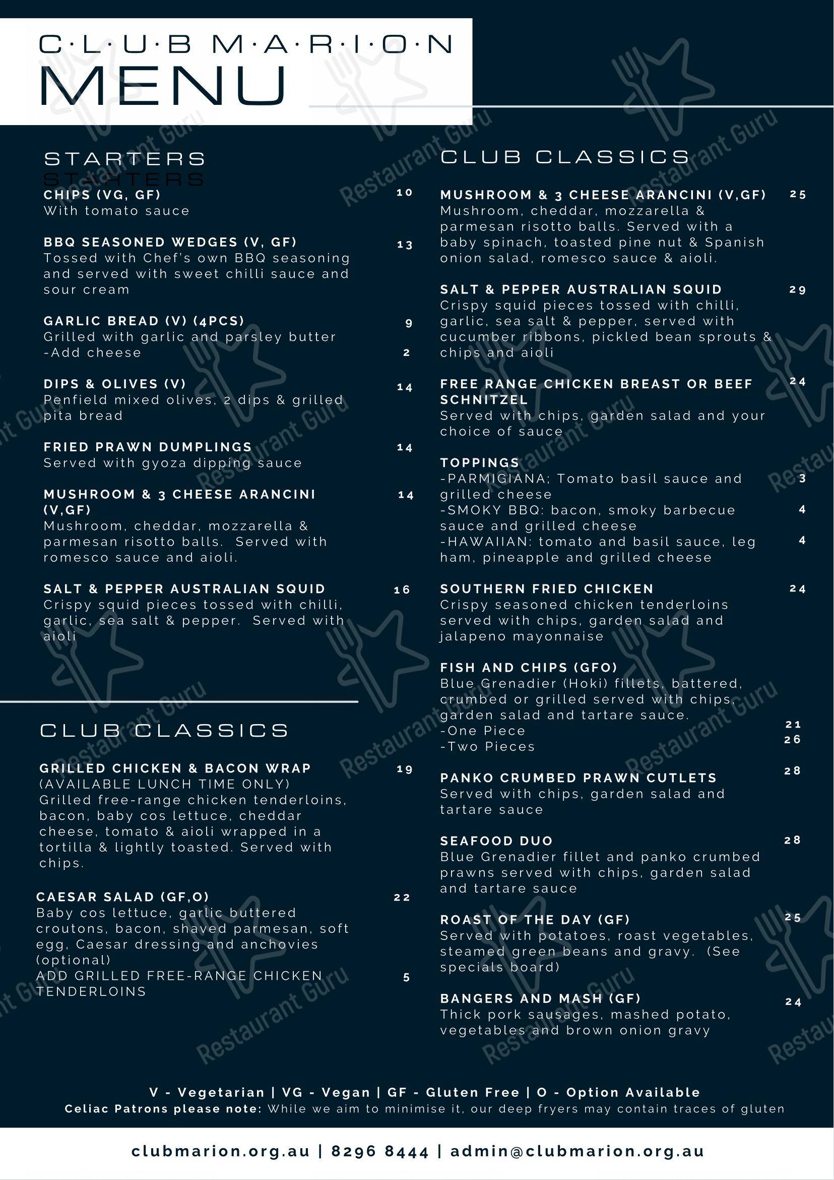 Menu at Bistro 262, Club Marion, Marion