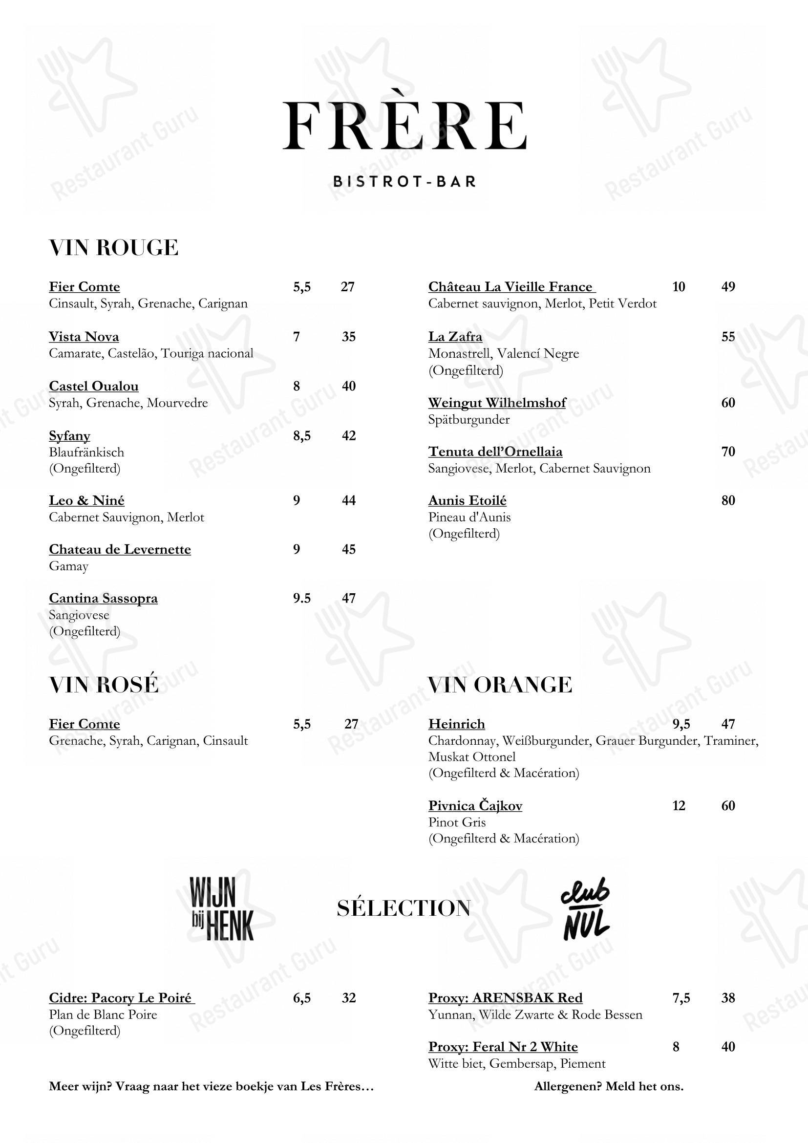Menu au Bistrot-Bar Frère, Rotterdam
