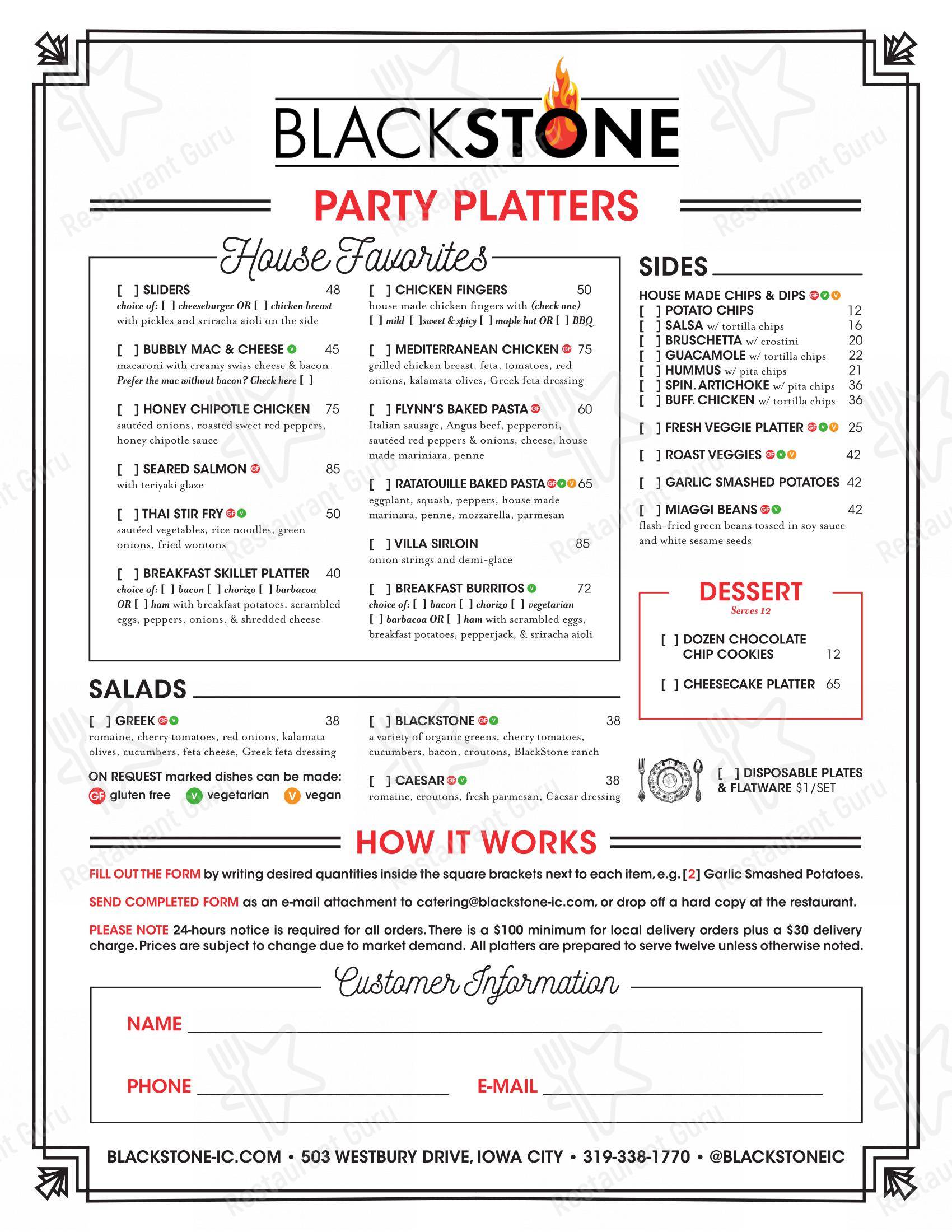 Menu at BlackStone restaurant, Iowa City, 503 Westbury Dr #1