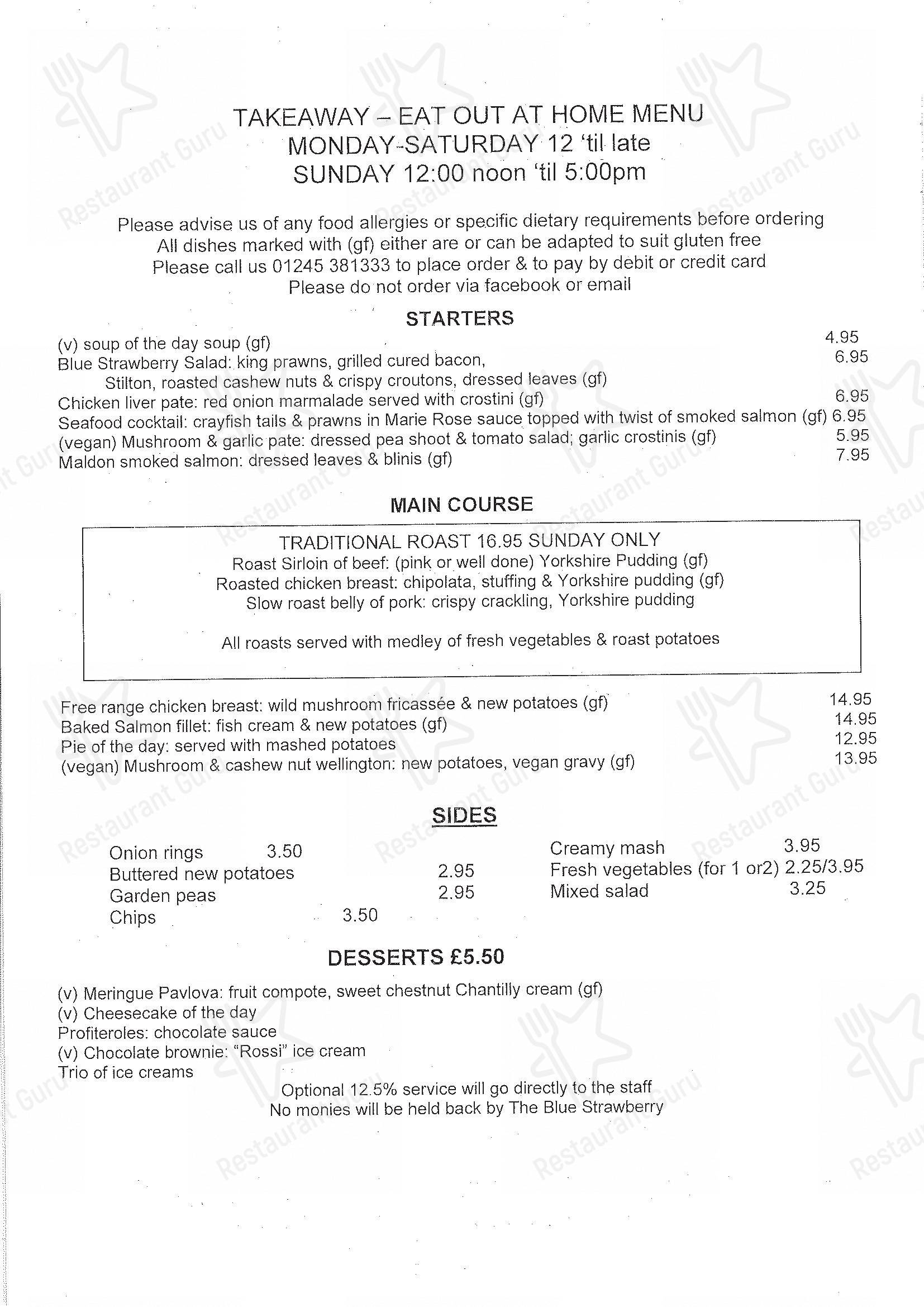 Menu at Blue Strawberry Bistro restaurant, Hatfield Peverel