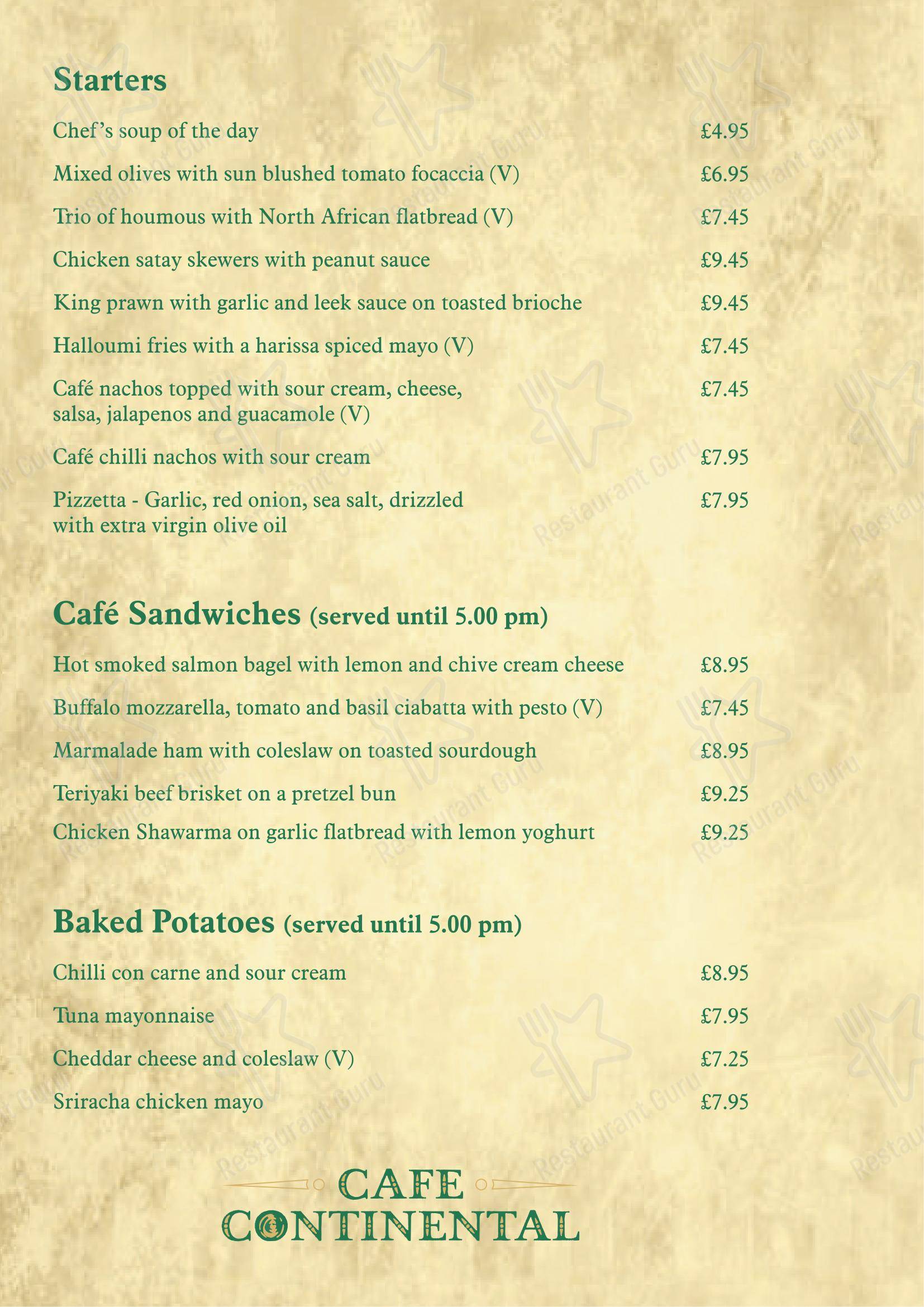 Menu at Cafe Continental, Gourock, 40 Kempock St