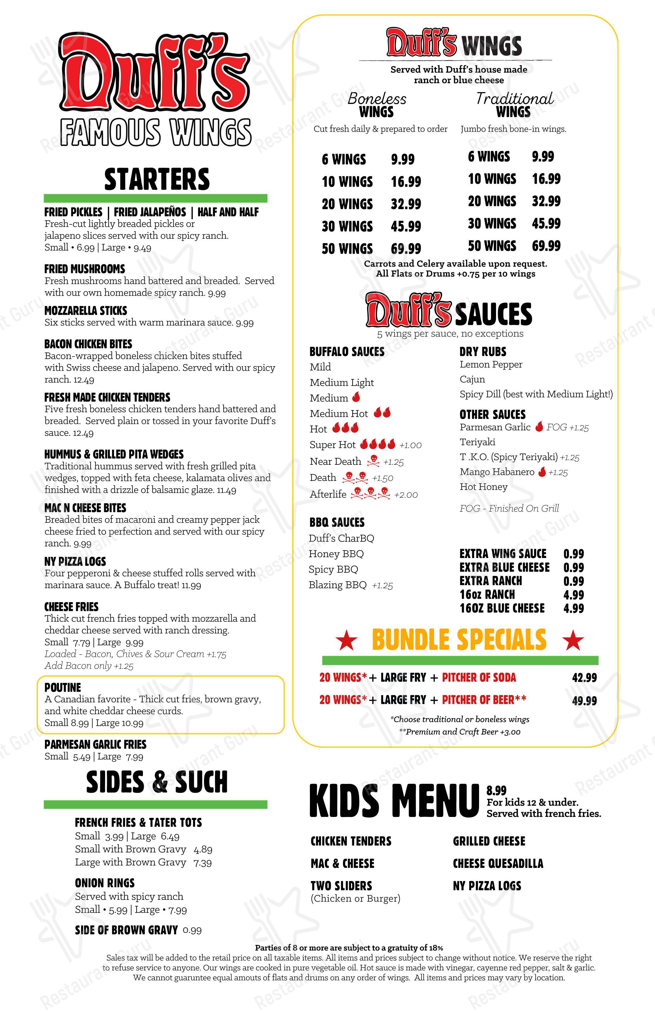 Menu at Duff's Famous Wings restaurant, Amherst, Sheridan Dr