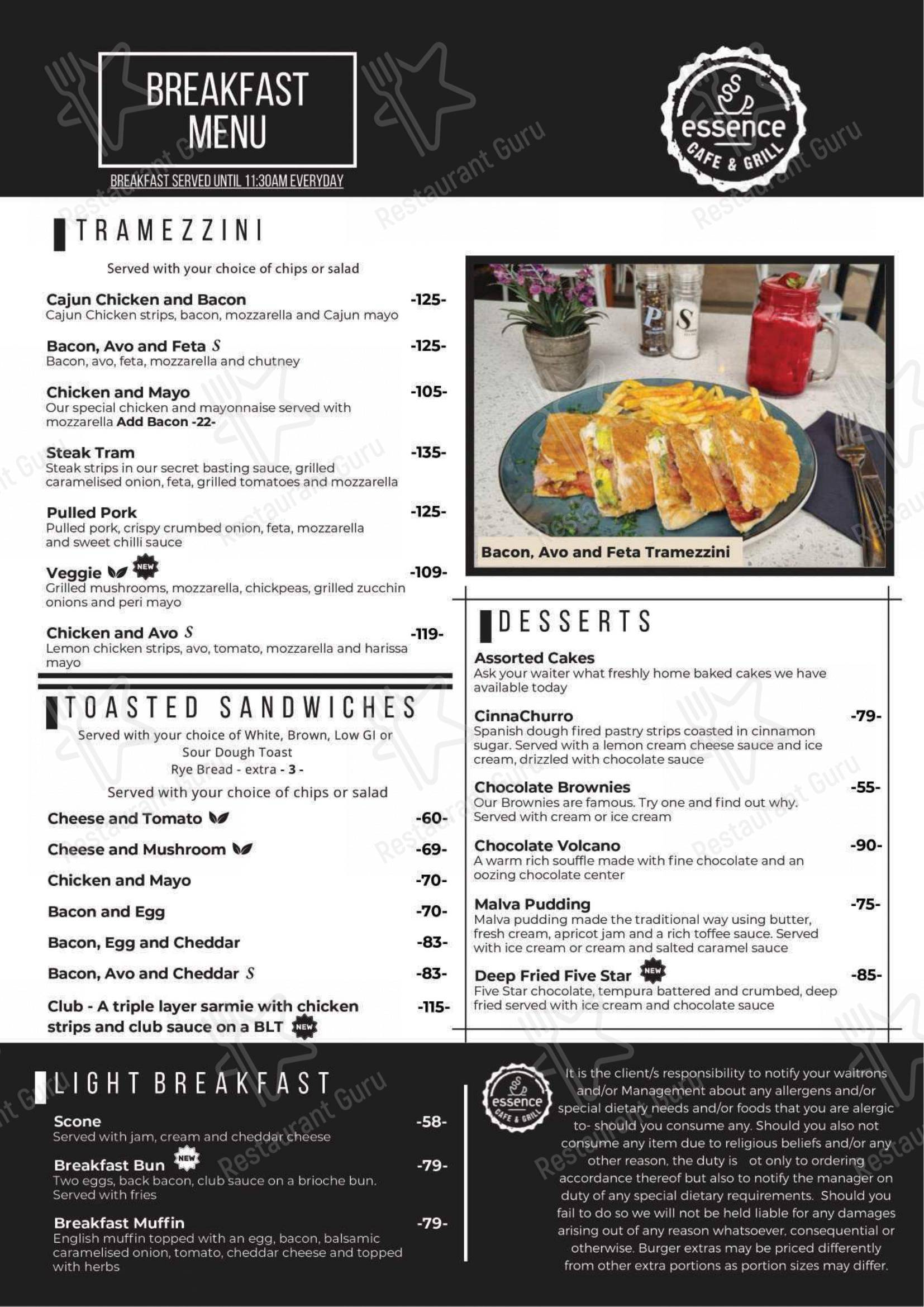 Menu at Essence. restaurant, Pietermaritzburg