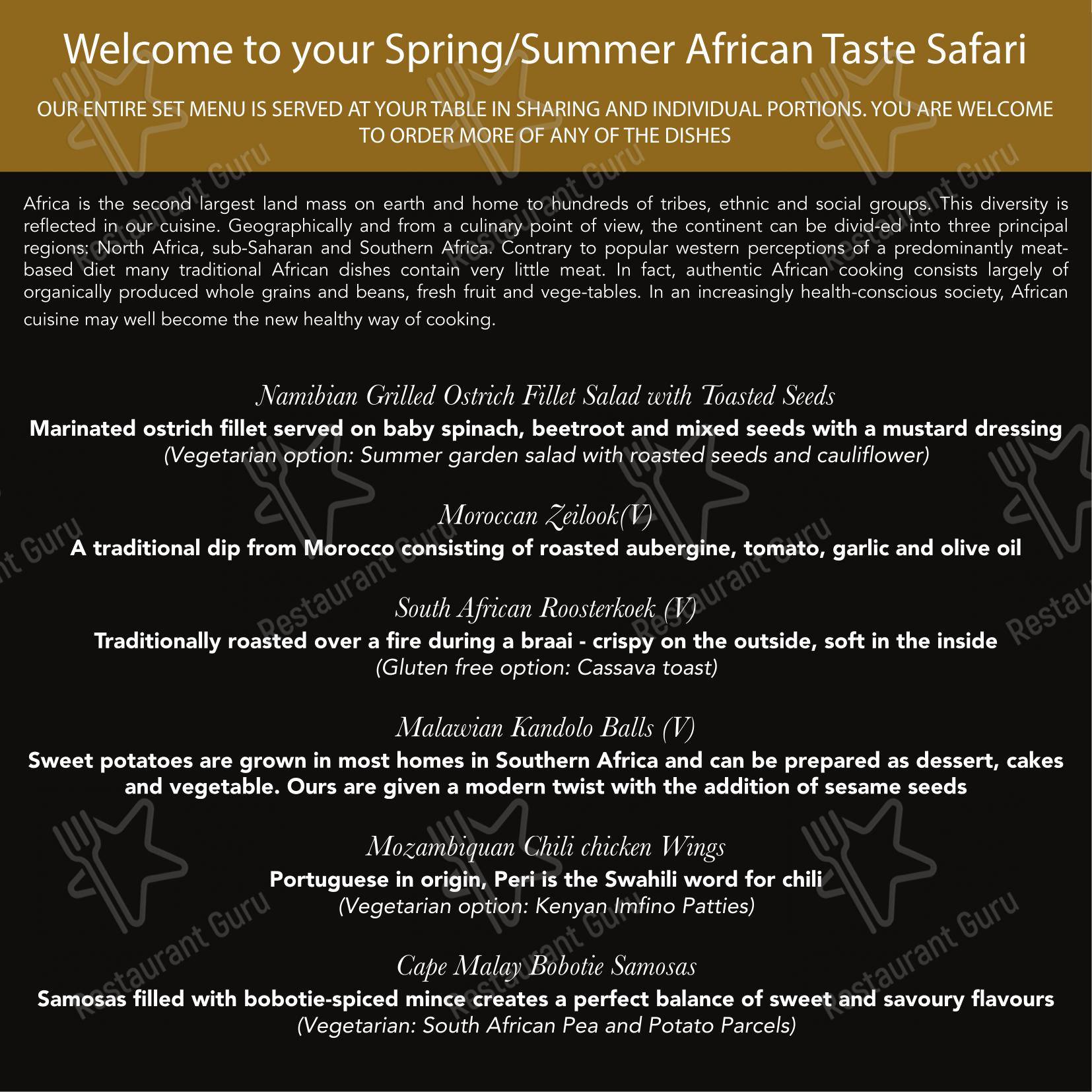 Menu at GOLD Restaurant, Cape Town, 15 Bennett St