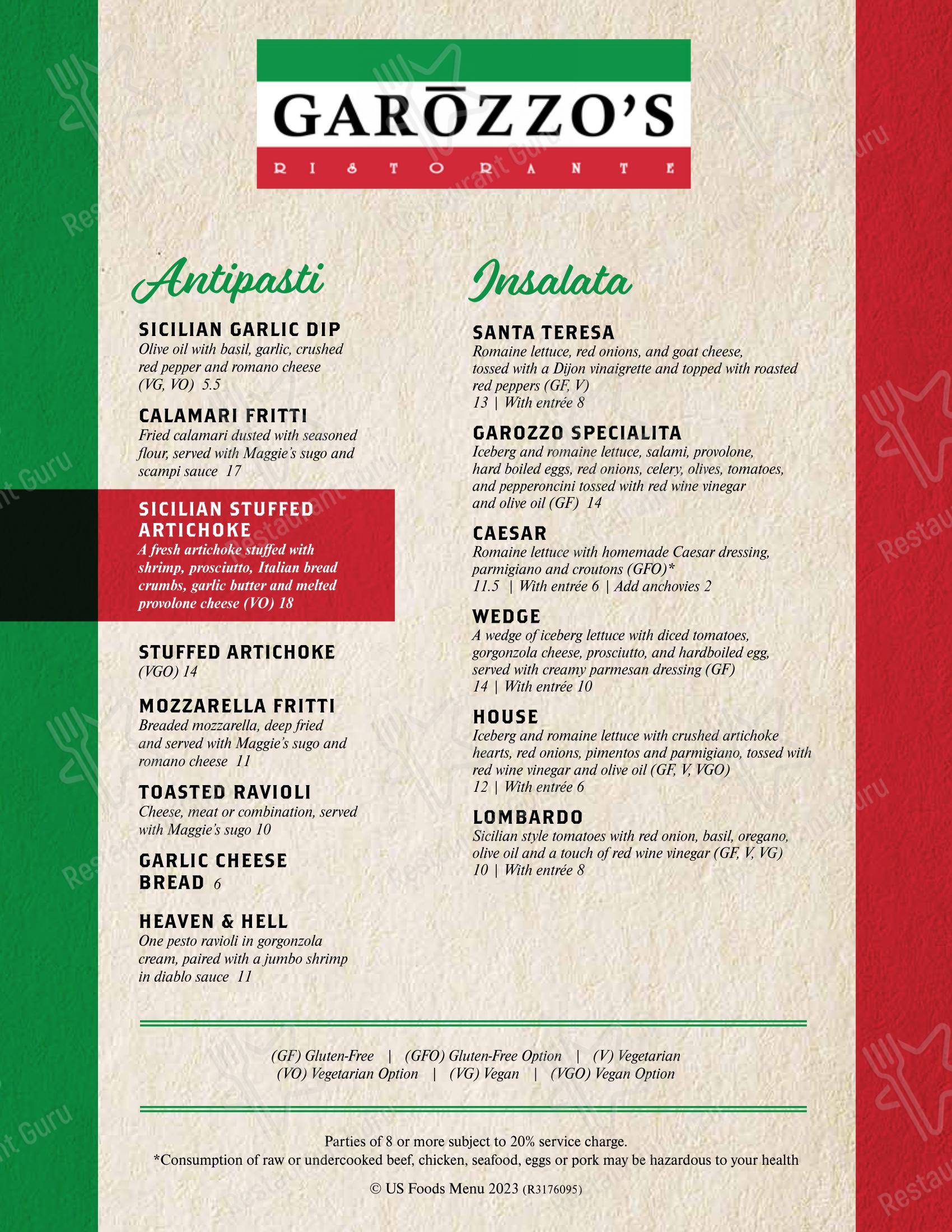 Menu at Garozzo's Downtown restaurant, Kansas City