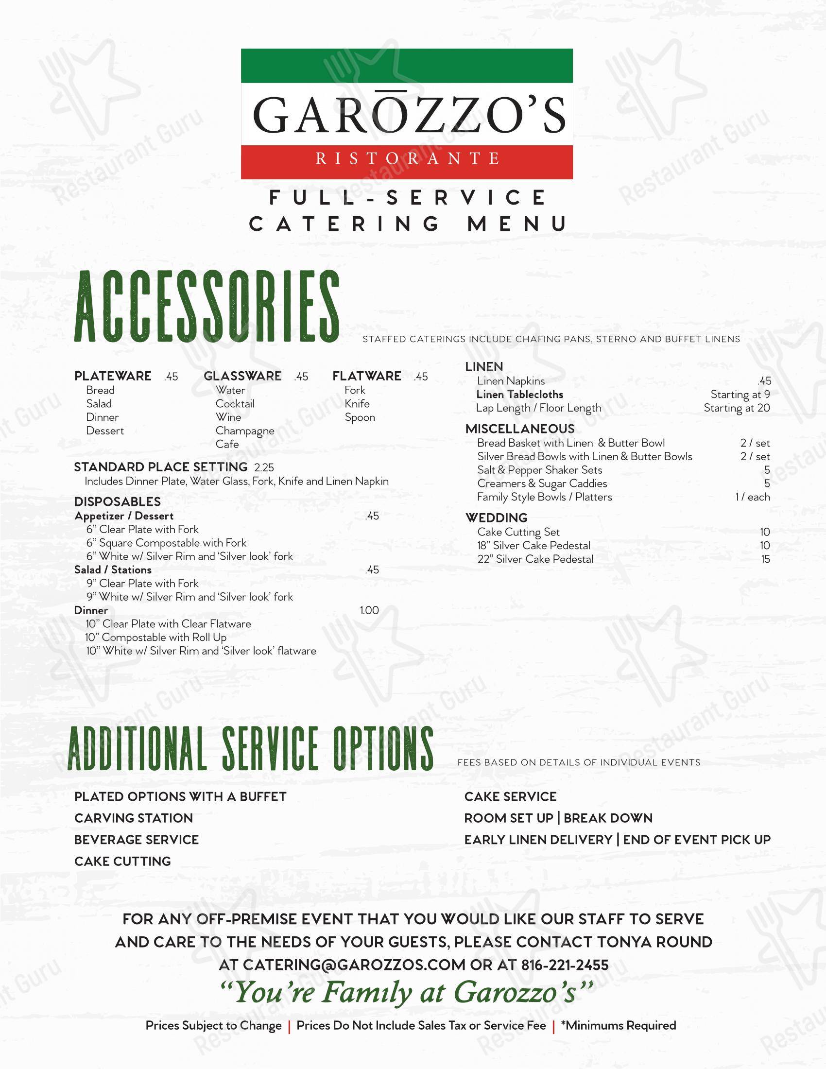Menu at Garozzo's Downtown restaurant, Kansas City