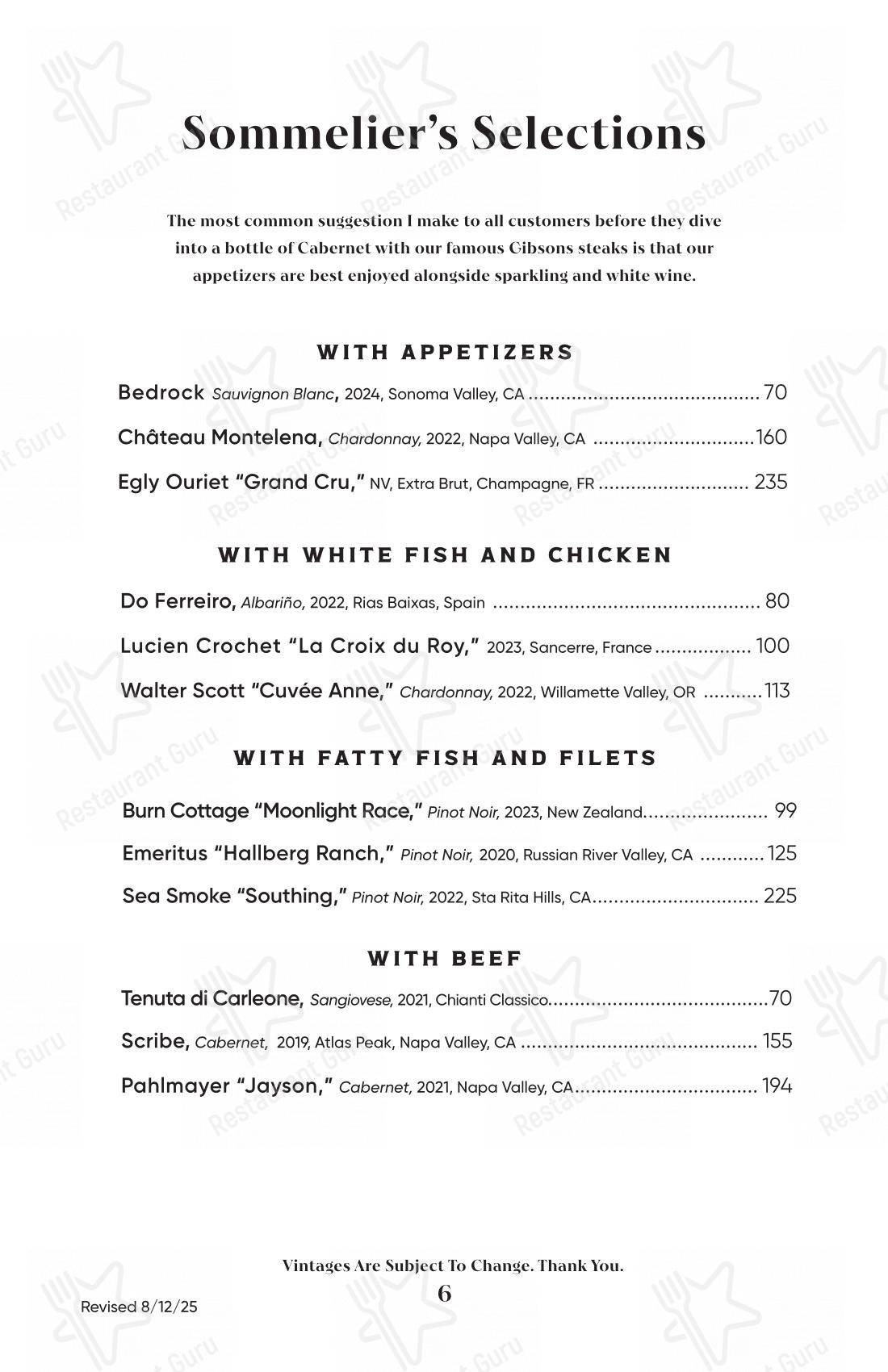 Menu At Gibsons Bar Steakhouse Oak Brook Spring Rd