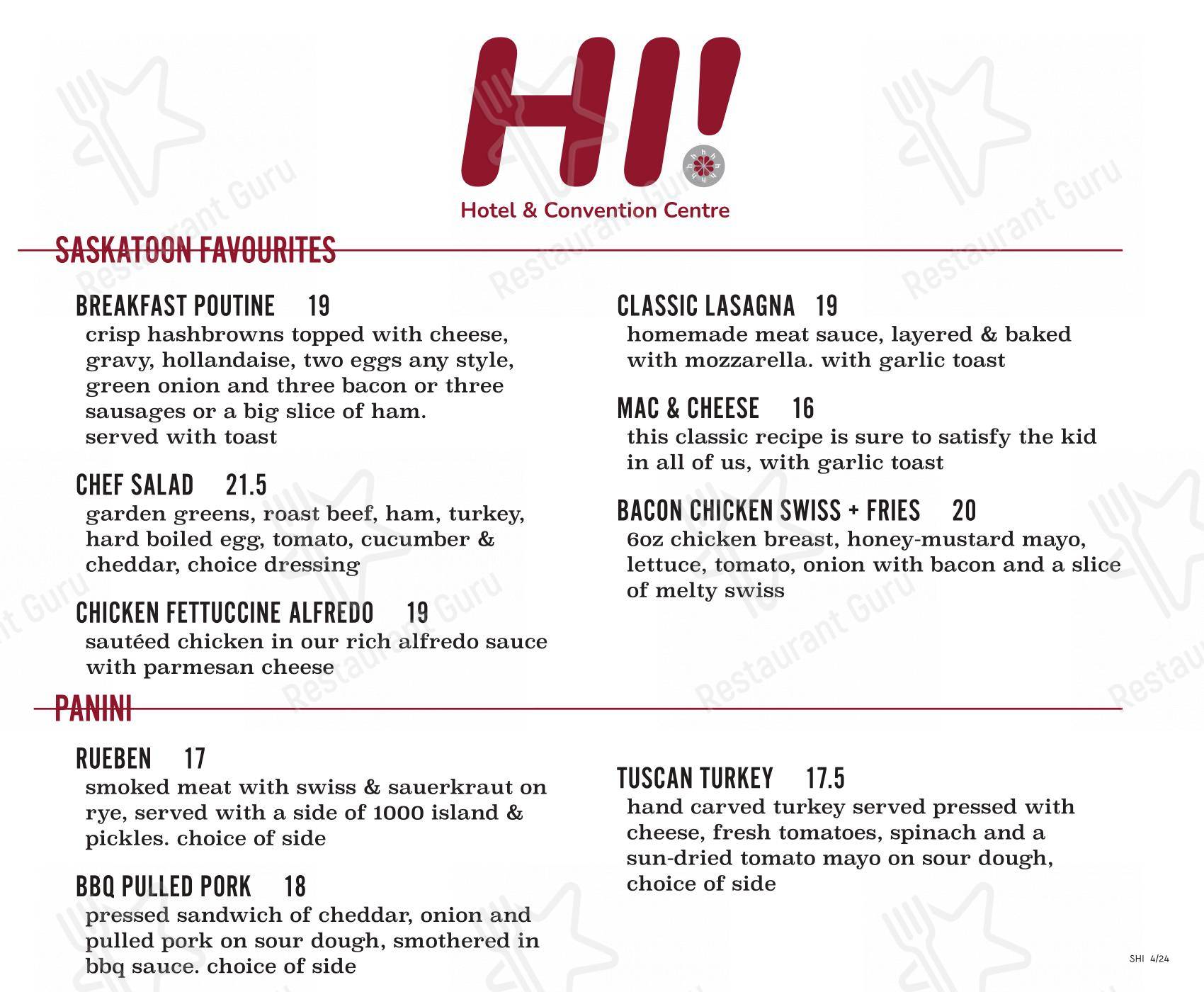 Menu at Heritage Inn Hotel & Convention Centre restaurant, Saskatoon