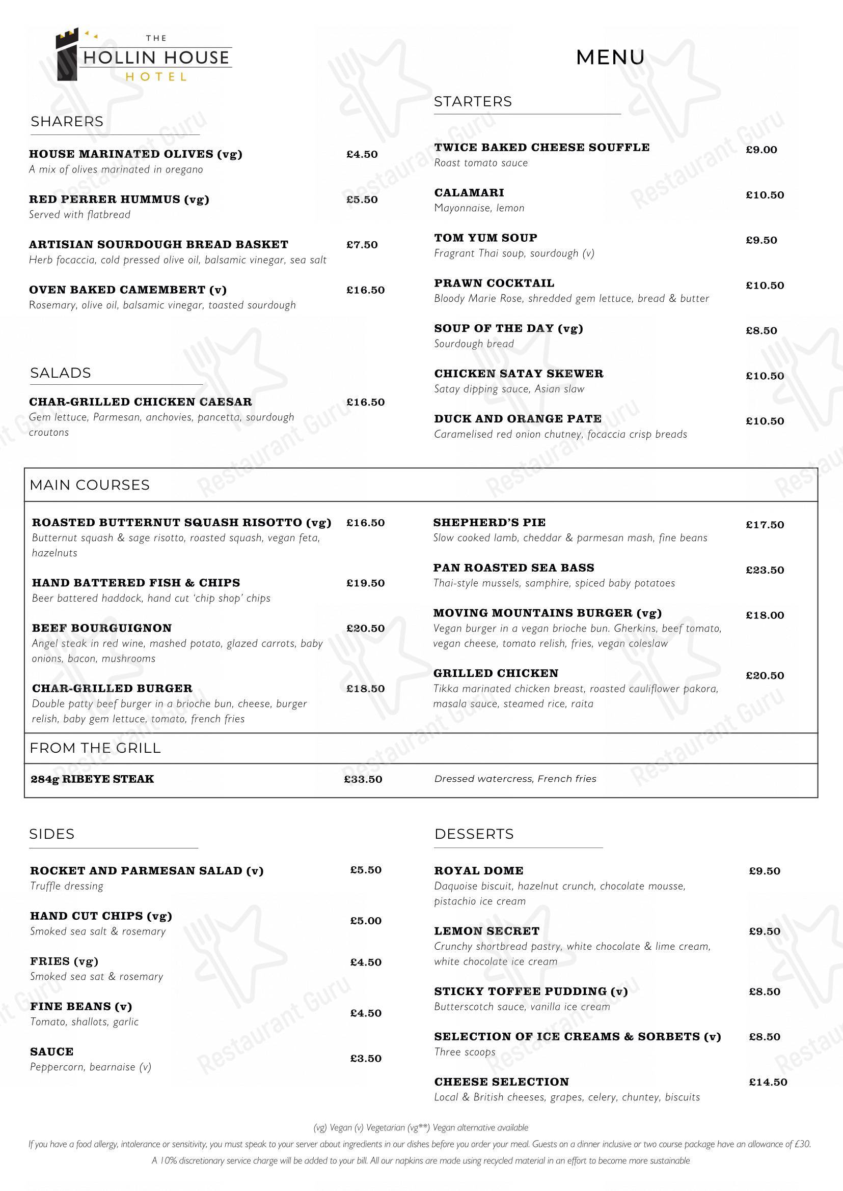 Menu at Hollin House Hotel restaurant, Macclesfield