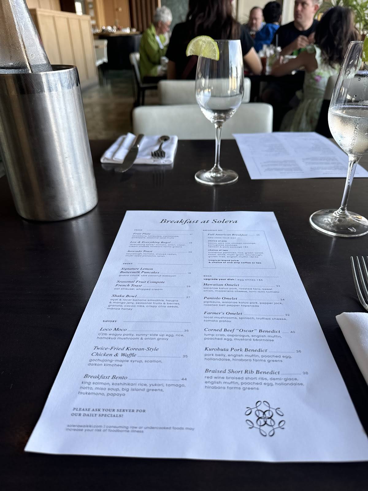 Menu at Solera restaurant, Honolulu
