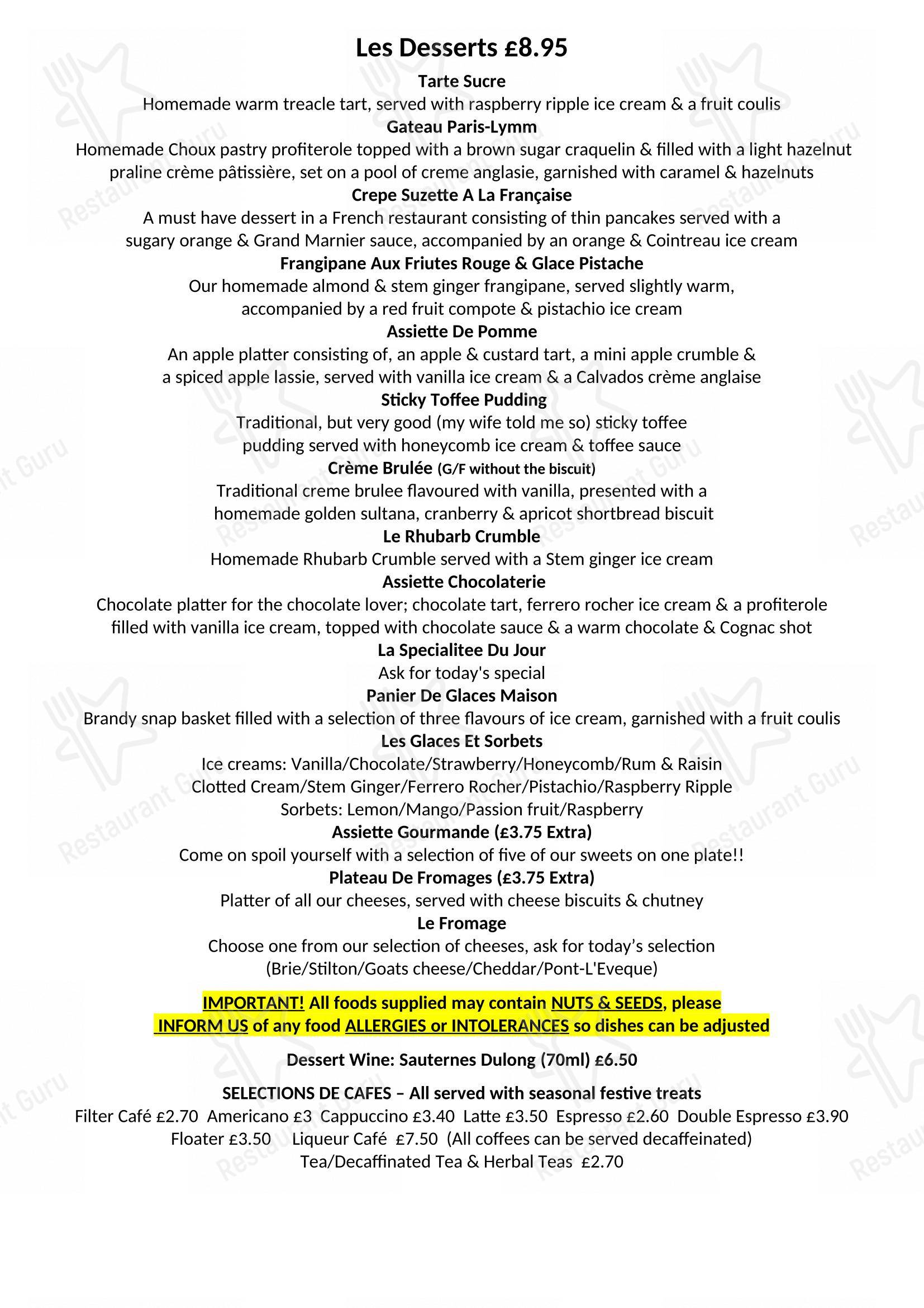 Menu at La Boheme restaurant, Lymm