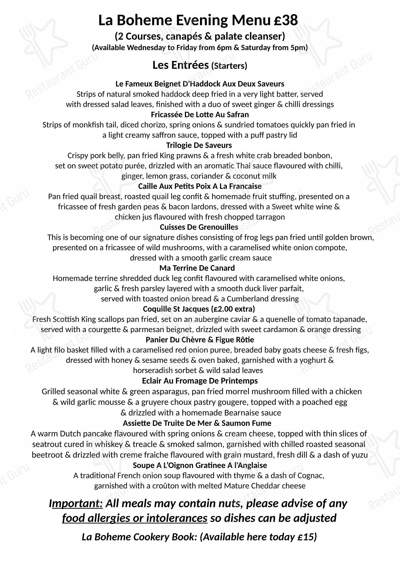 Menu at La Boheme restaurant, Lymm