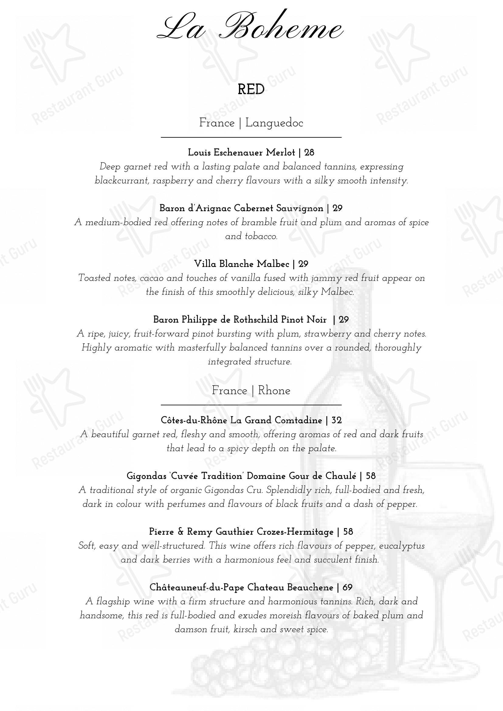 Menu at La Boheme restaurant, Lymm