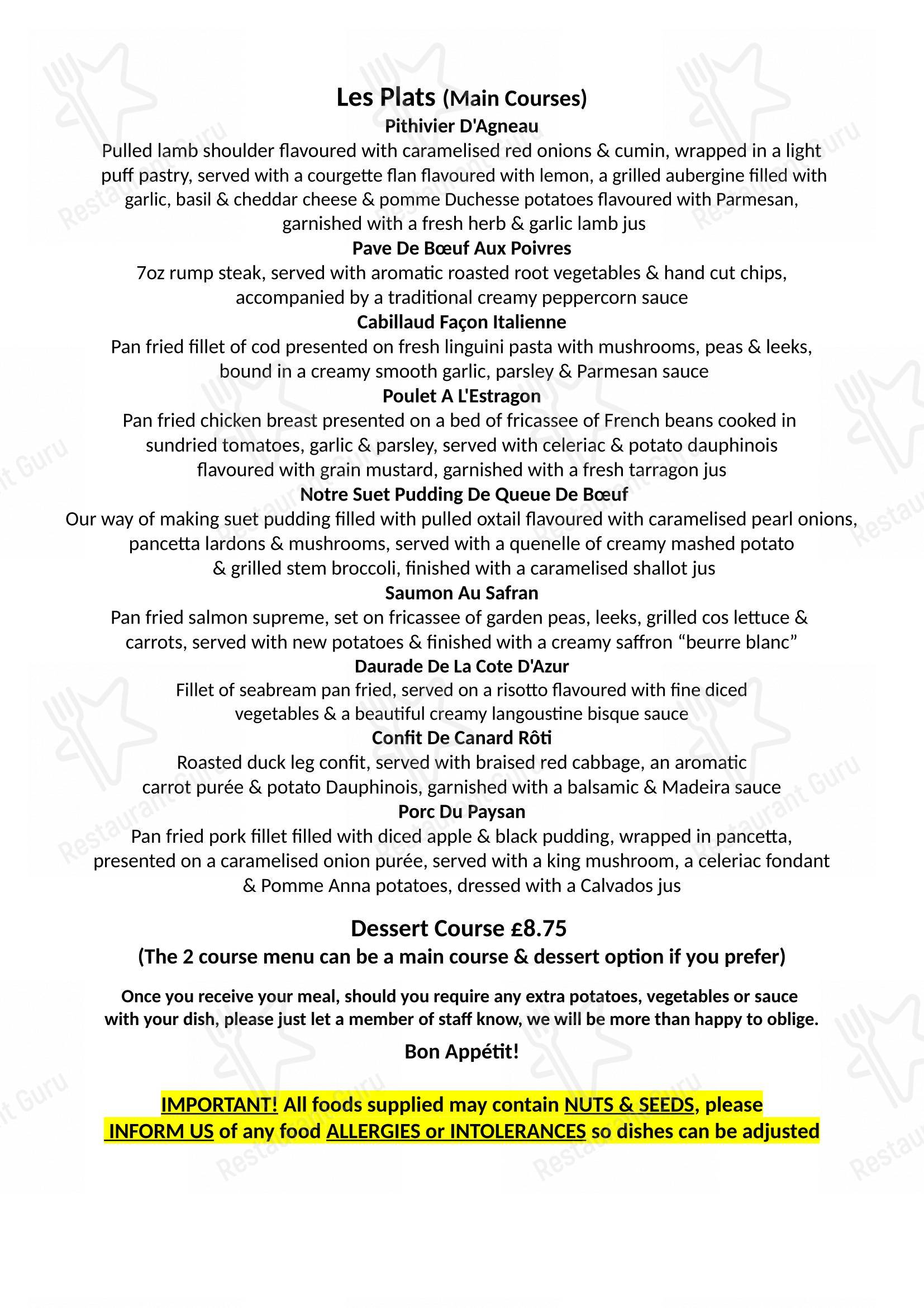 Menu at La Boheme restaurant, Lymm