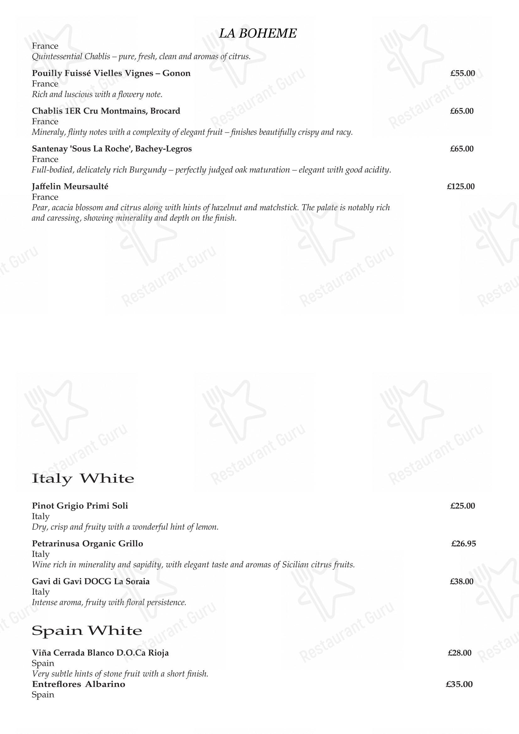 Menu at La Boheme restaurant, Lymm