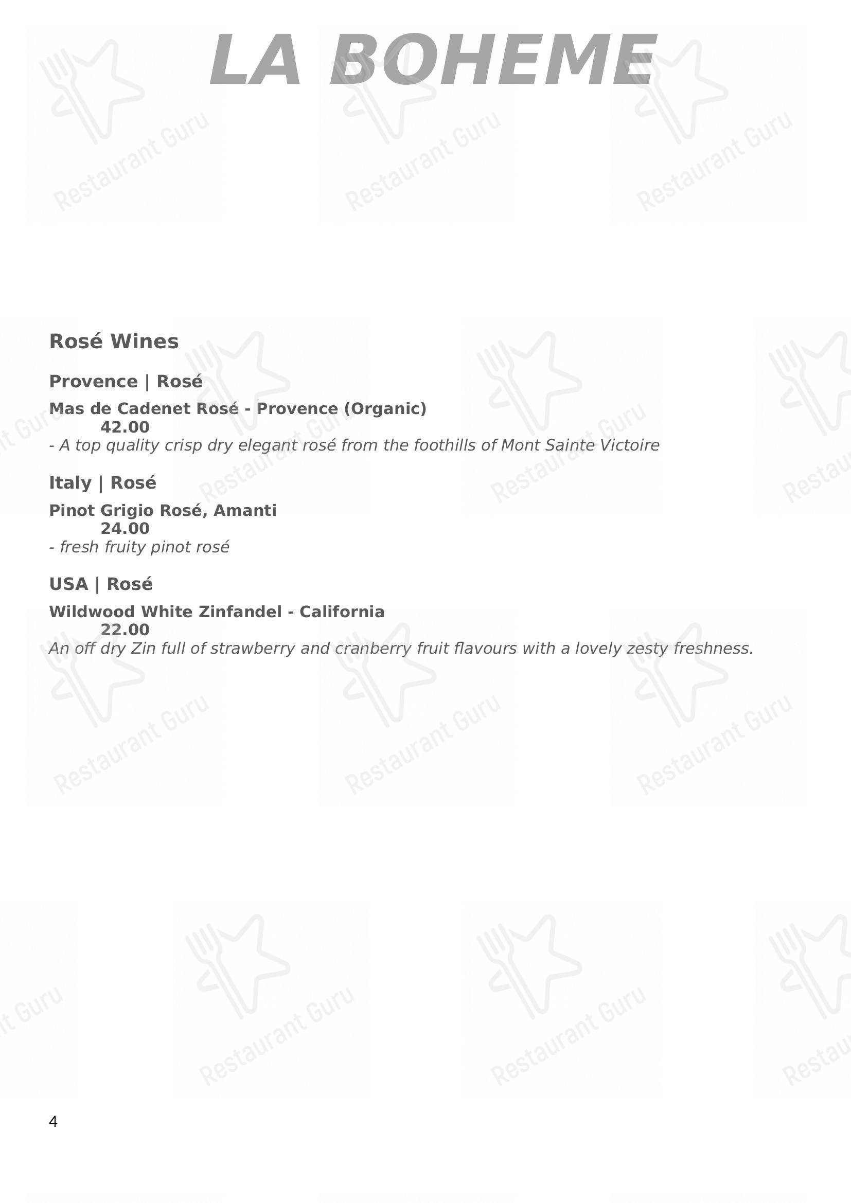 Menu at La Boheme restaurant, Lymm