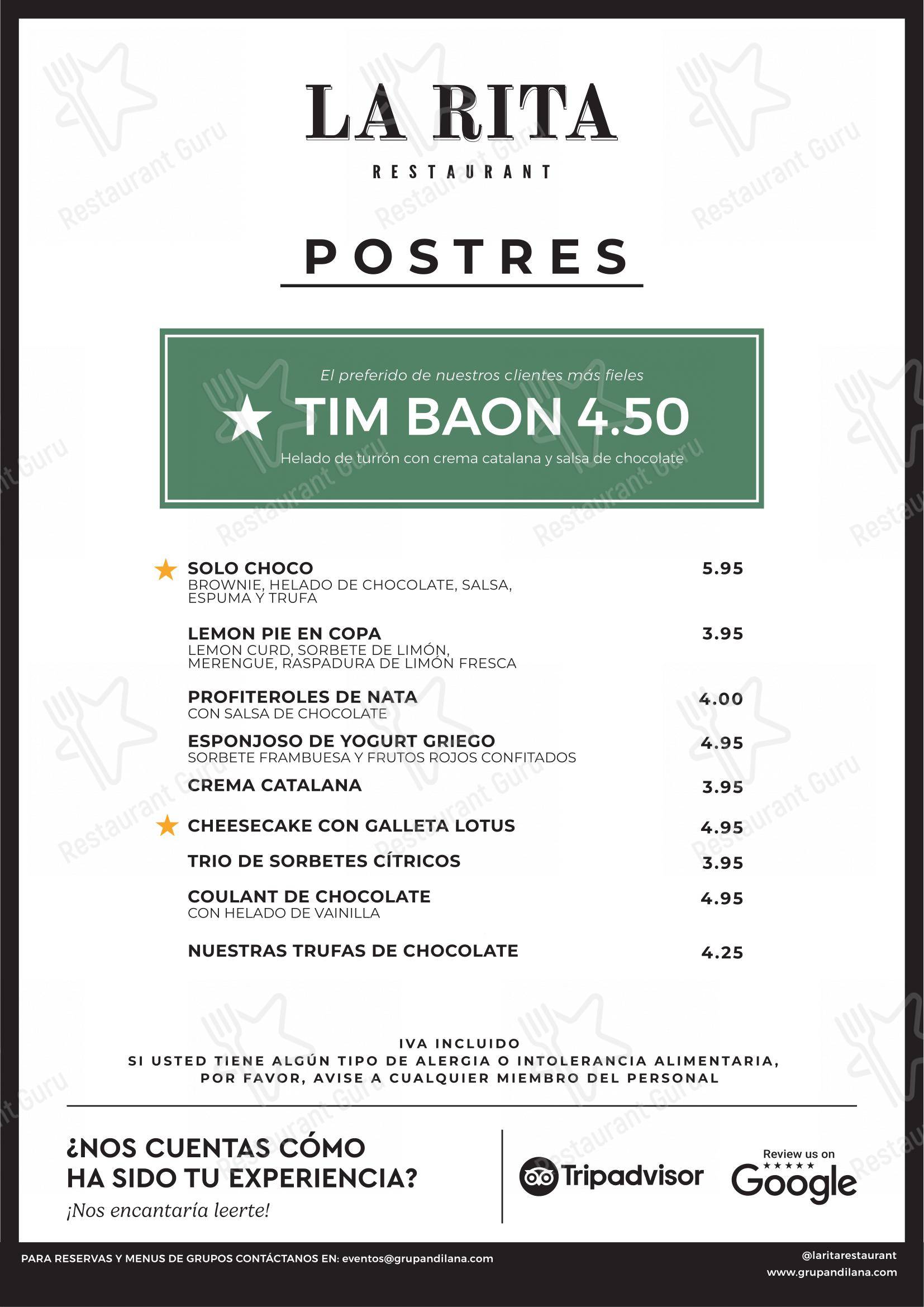 Menu at La Rita restaurant, Barcelona