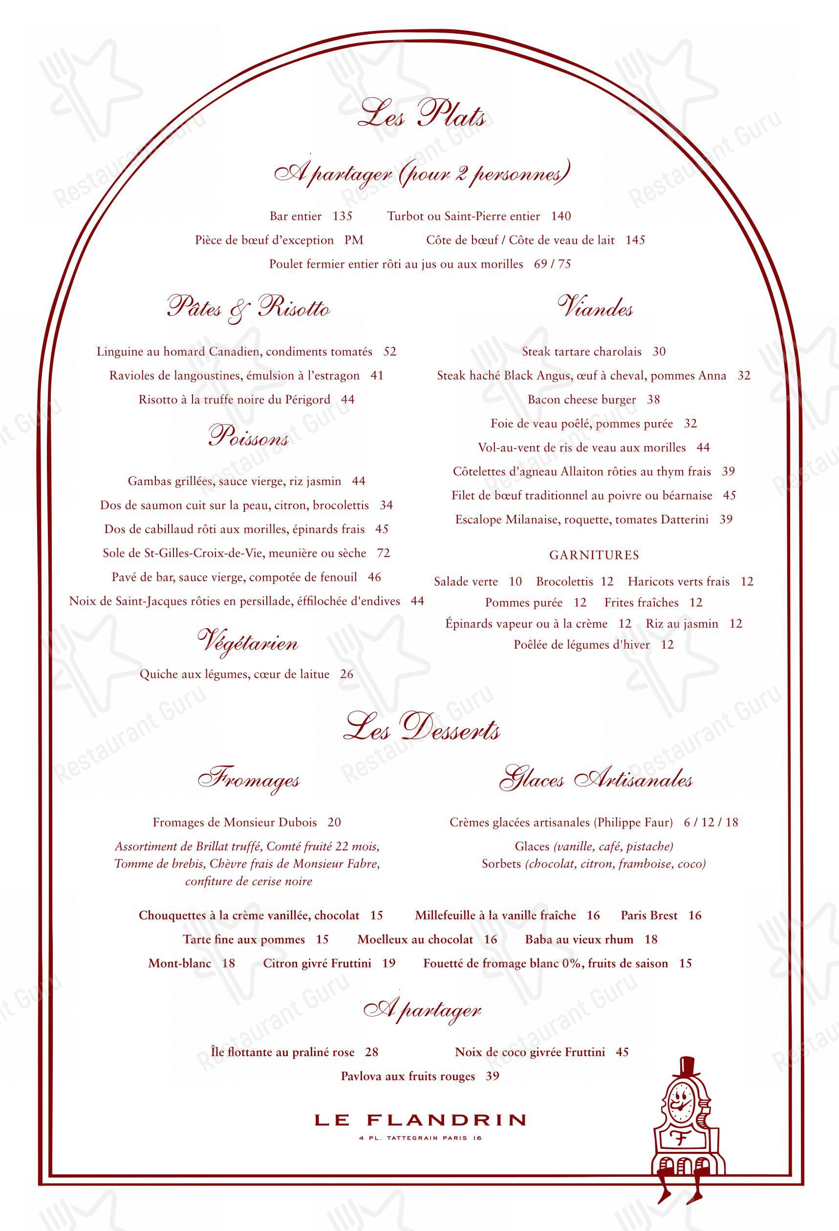 Menu au Le Flandrin restaurant, Paris, 4 Pl. Tattegrain