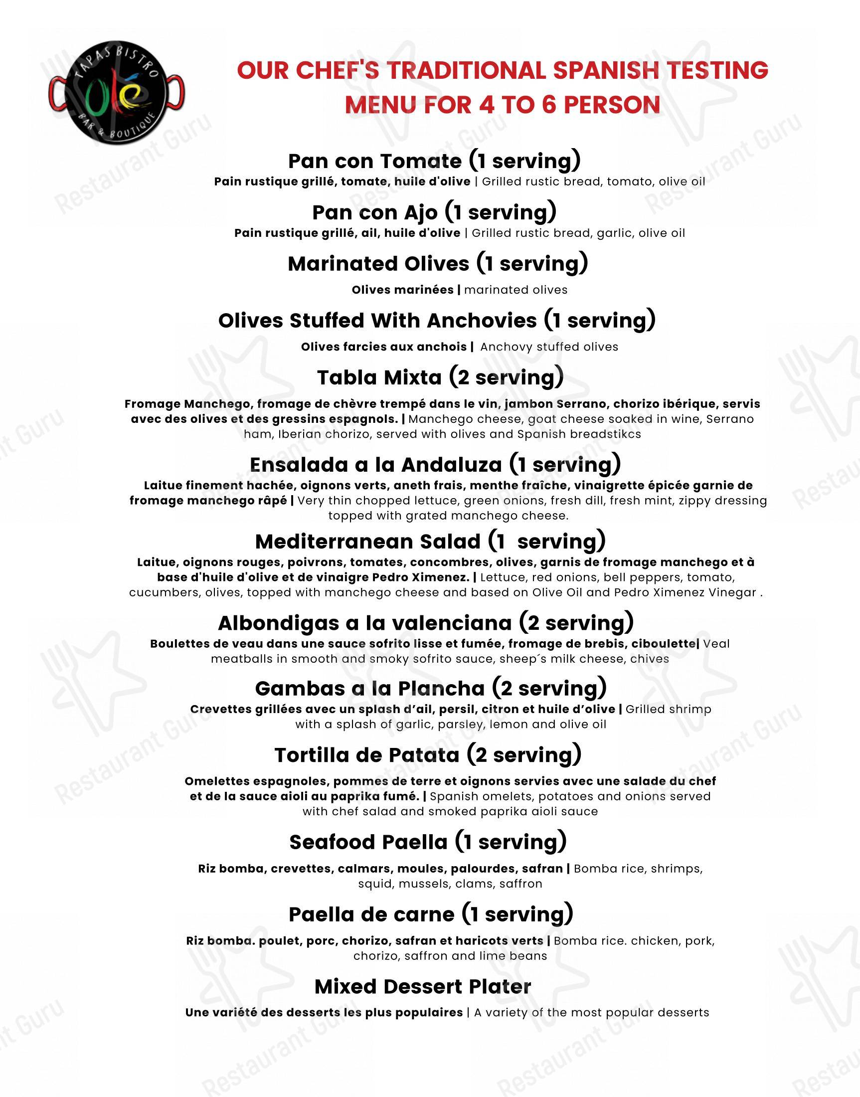Menu au OLE Tapas pub et bar, Sainte-Anne-de-Bellevue