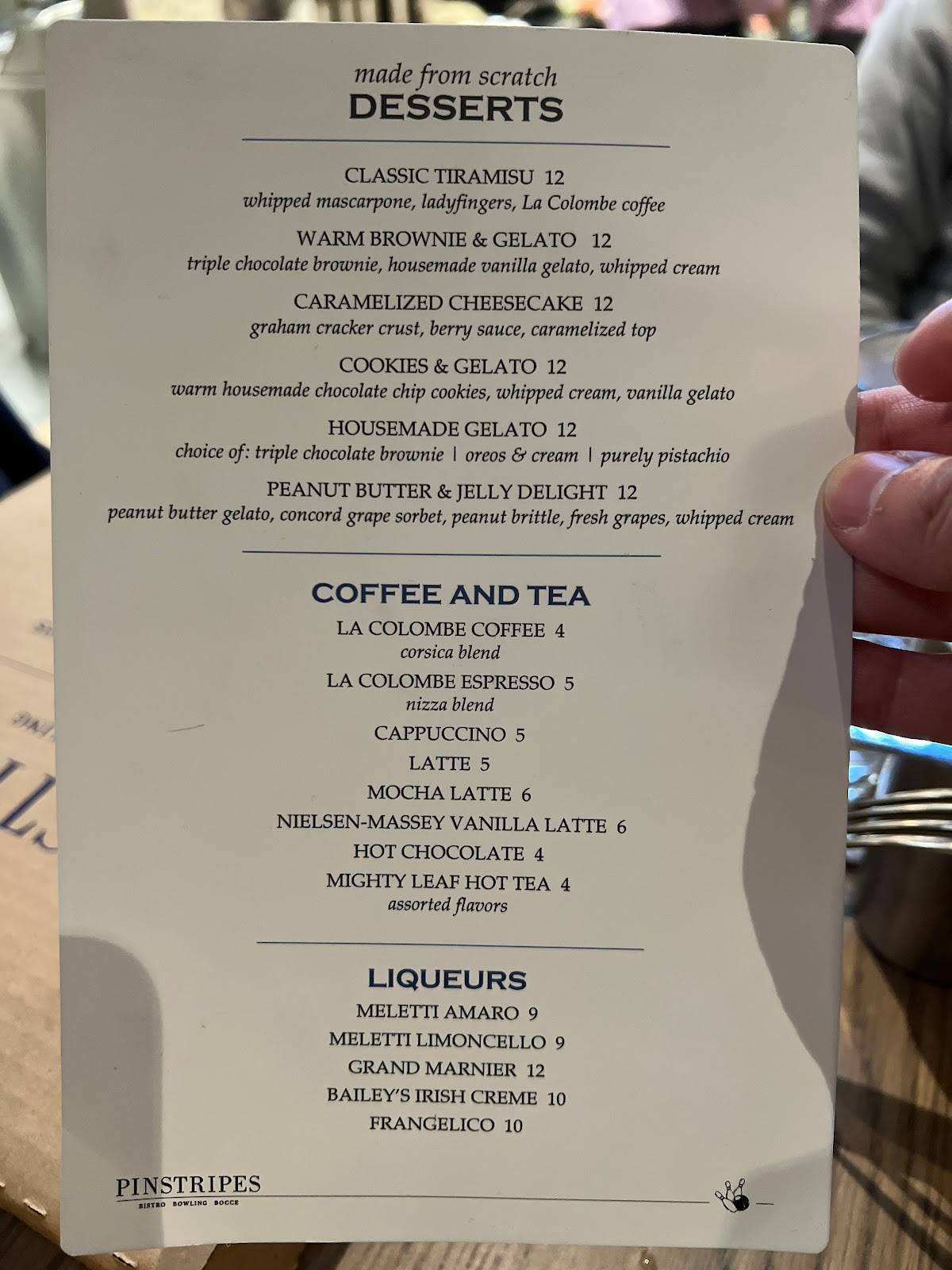 Carta del restaurante Pinstripes, Paramus