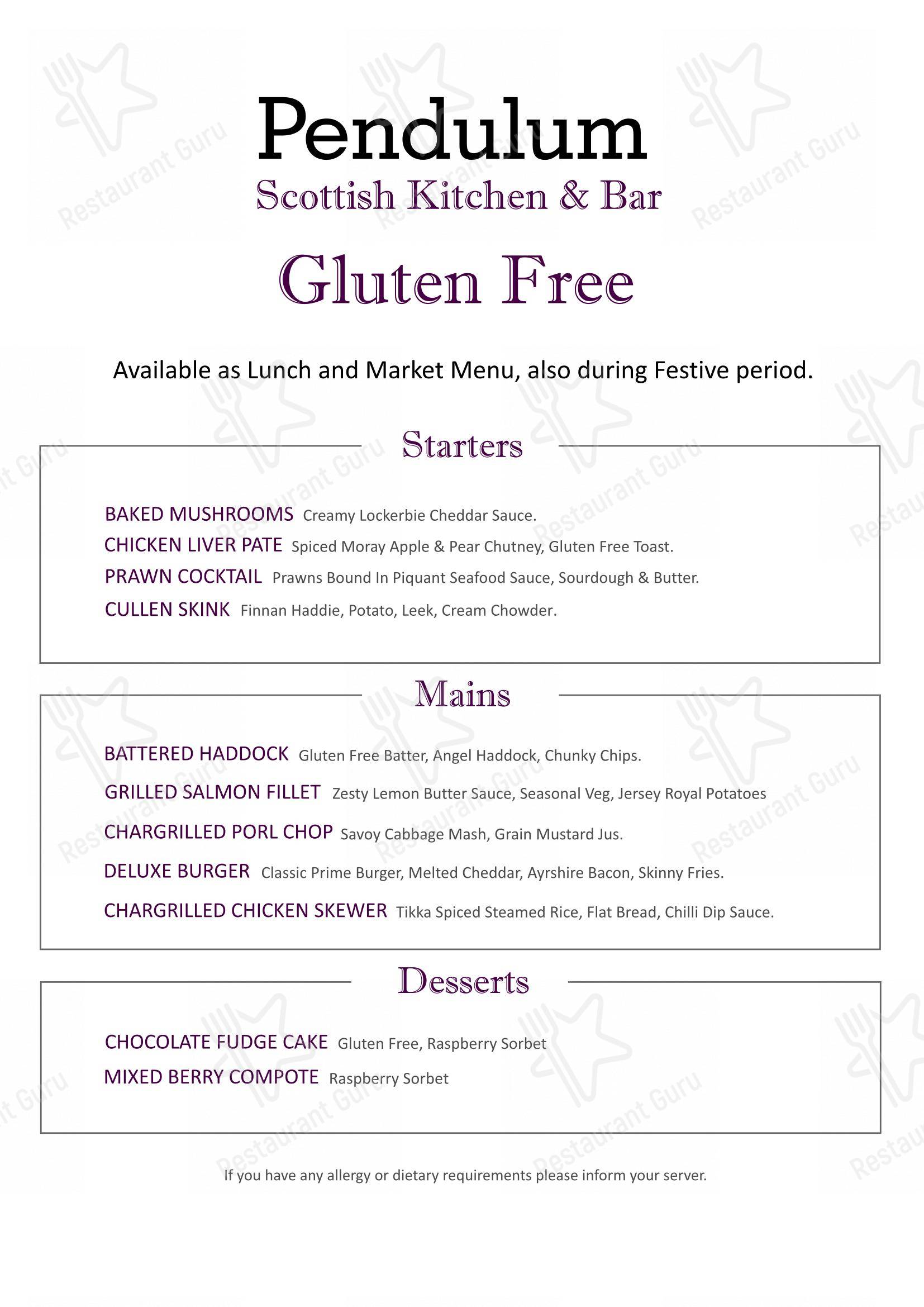 Menu at Pendulum Bar & Grill, Paisley