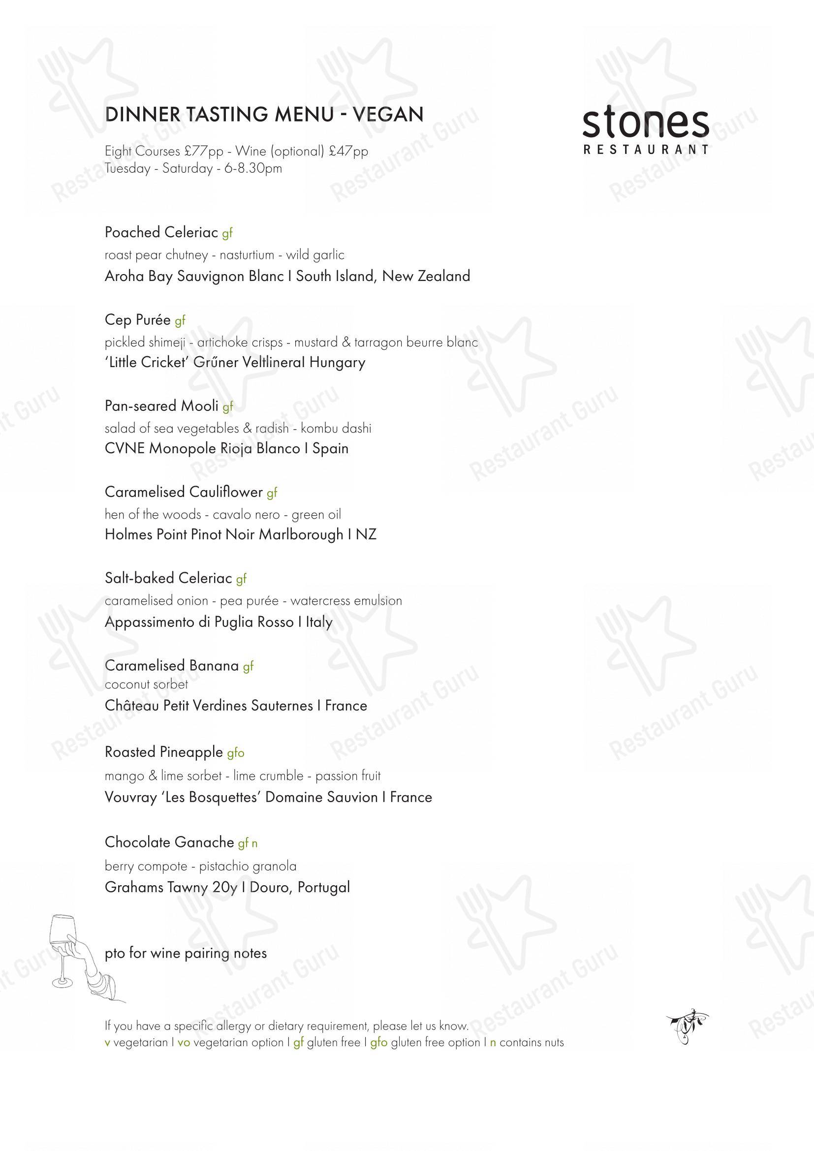 Menu at Stones restaurant, Matlock