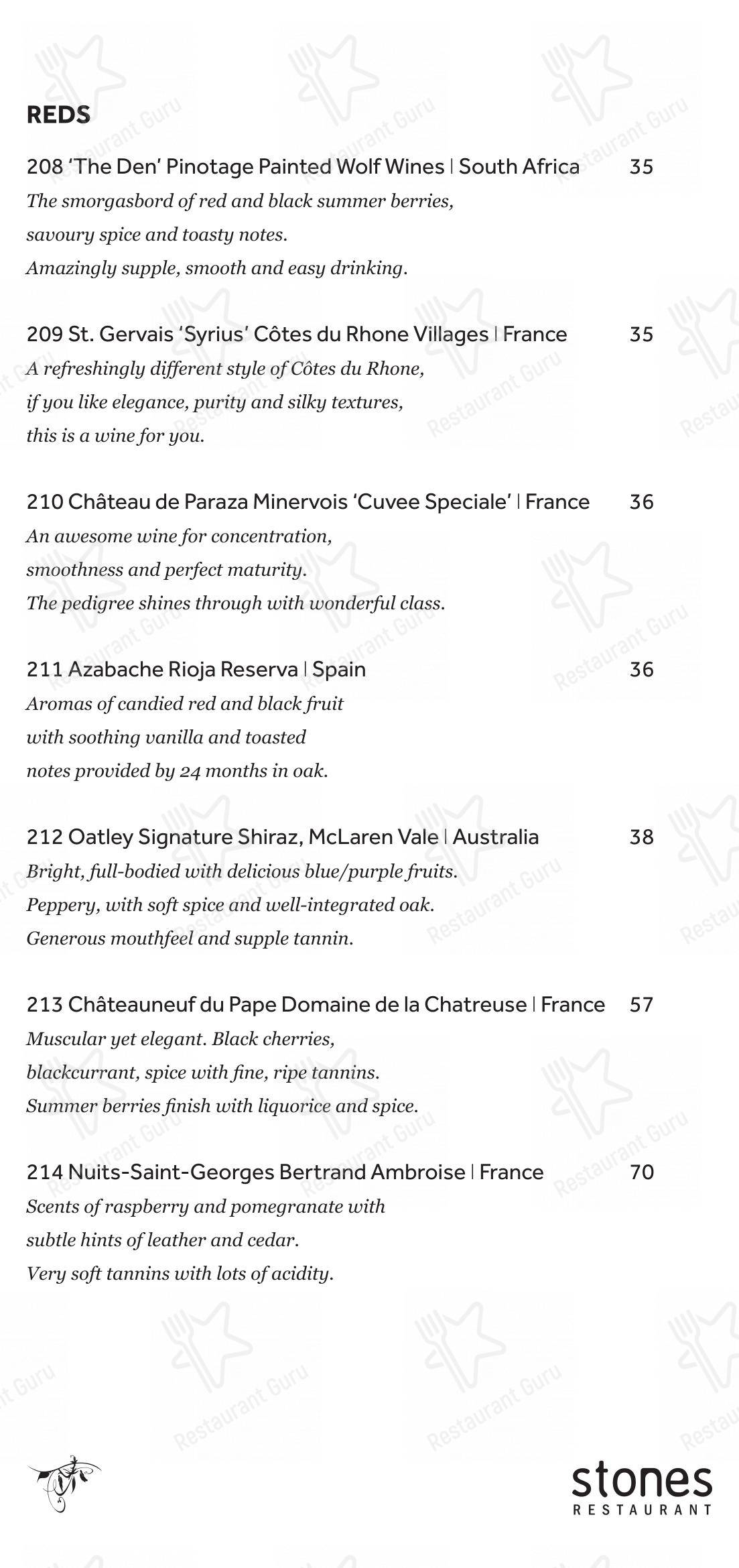 Menu at Stones restaurant, Matlock