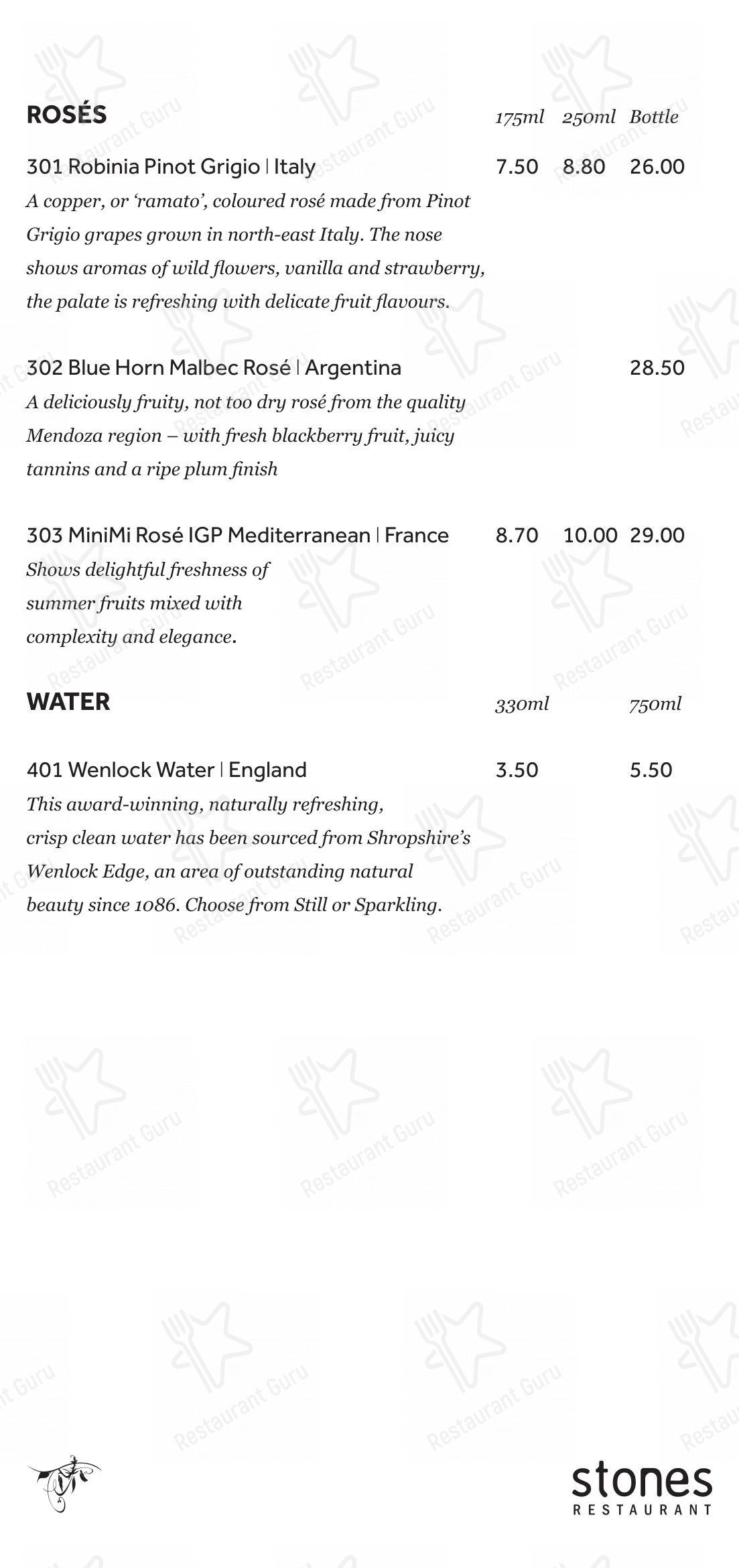 Menu at Stones restaurant, Matlock