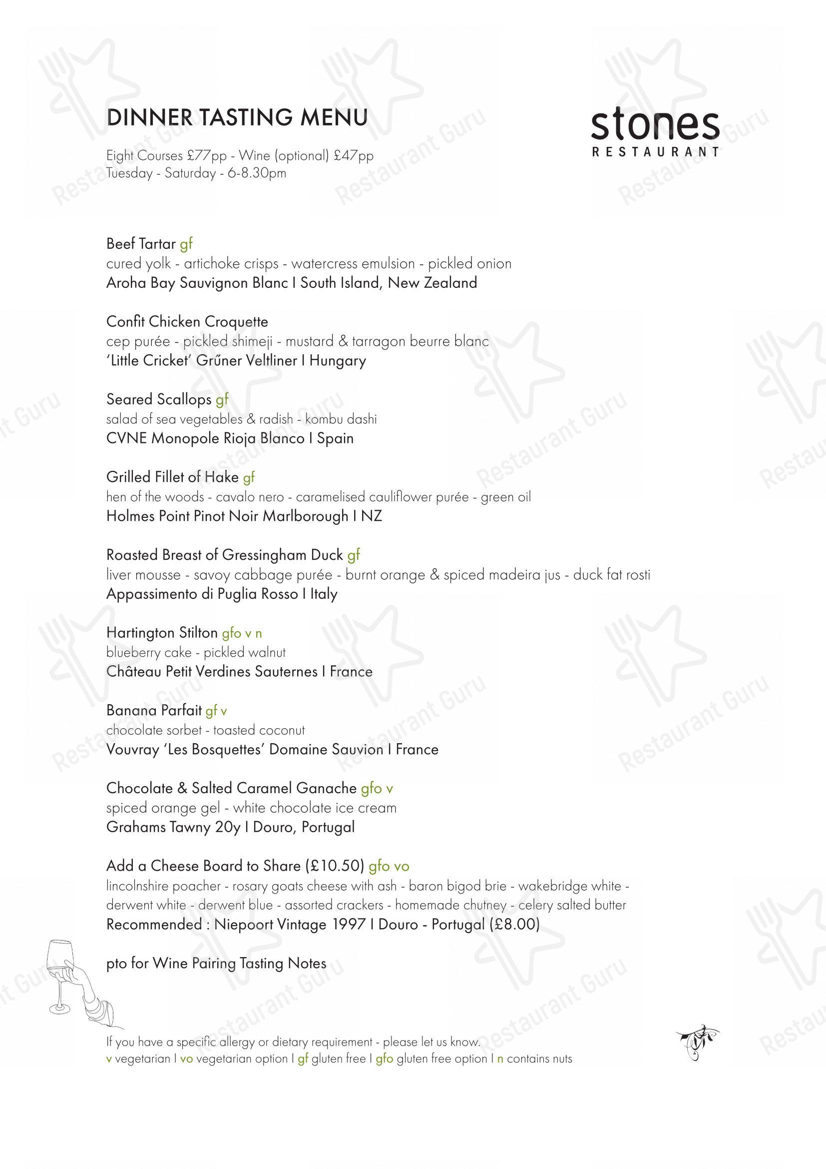 Menu at Stones restaurant, Matlock