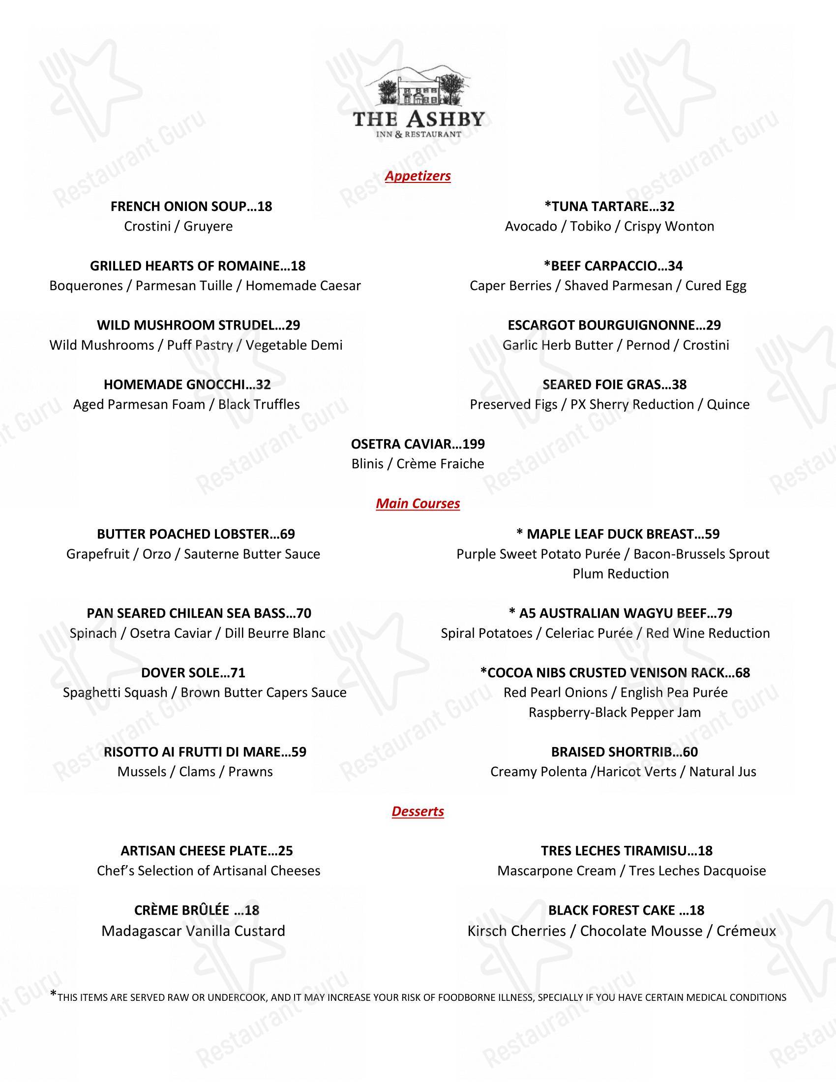 Menu at The Ashby Inn & Restaurant, Paris